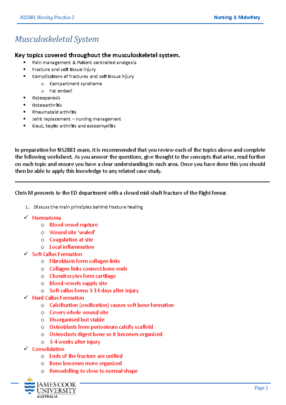 NS2881 Musculoskeletal Exam prep Worksheet 2021 Final - Musculoskeletal ...