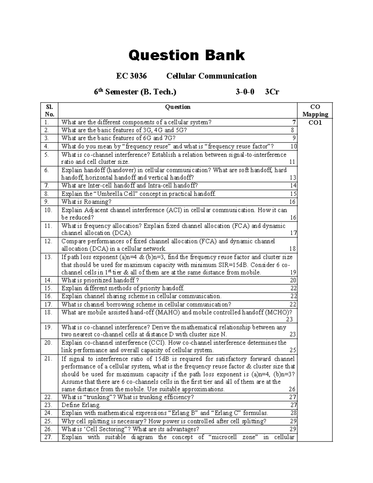 Cc Question Bank Final Question Bank Ec 3036 Cellular Communication 6 Thsemester B Tech 3 