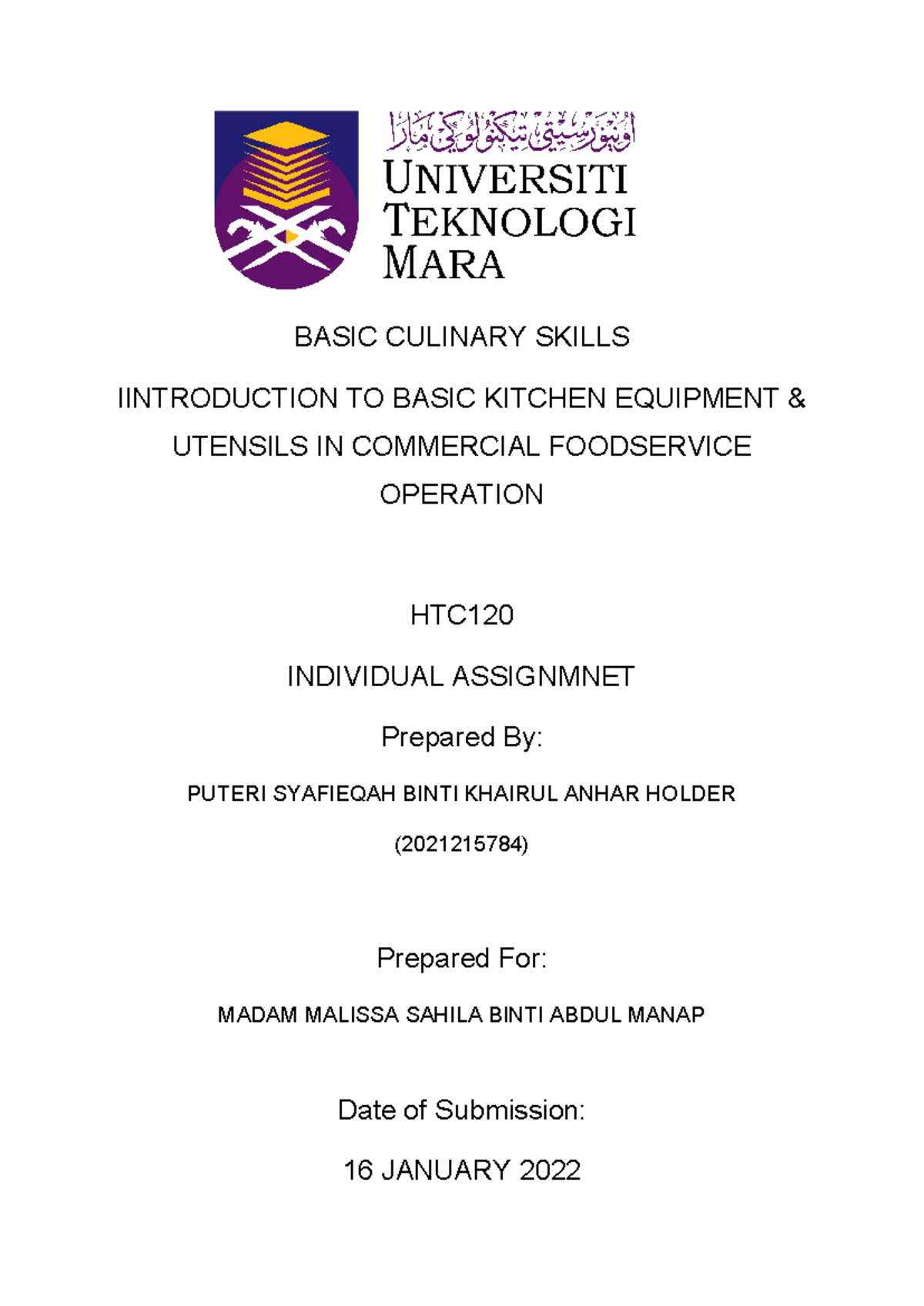 Individual Assignment HTC120 - BASIC CULINARY SKILLS IINTRODUCTION TO ...