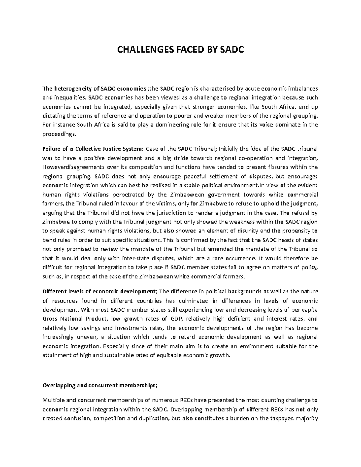 Challenges faced by SADC - CHALLENGES FACED BY SADC The heterogeneity ...