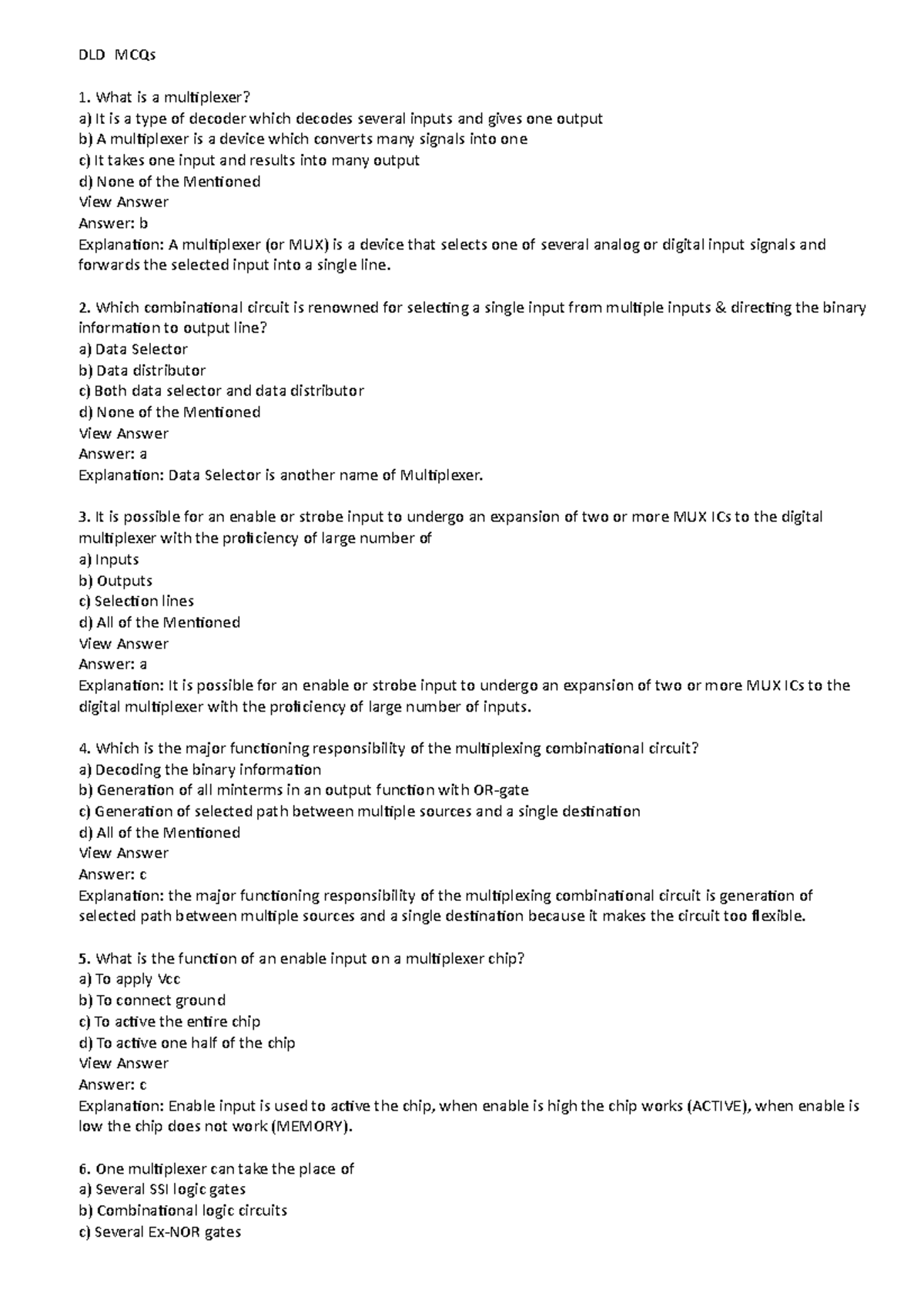 Mandatory Assignments - DLD MCQs What is a multiplexer? a) It is a type ...