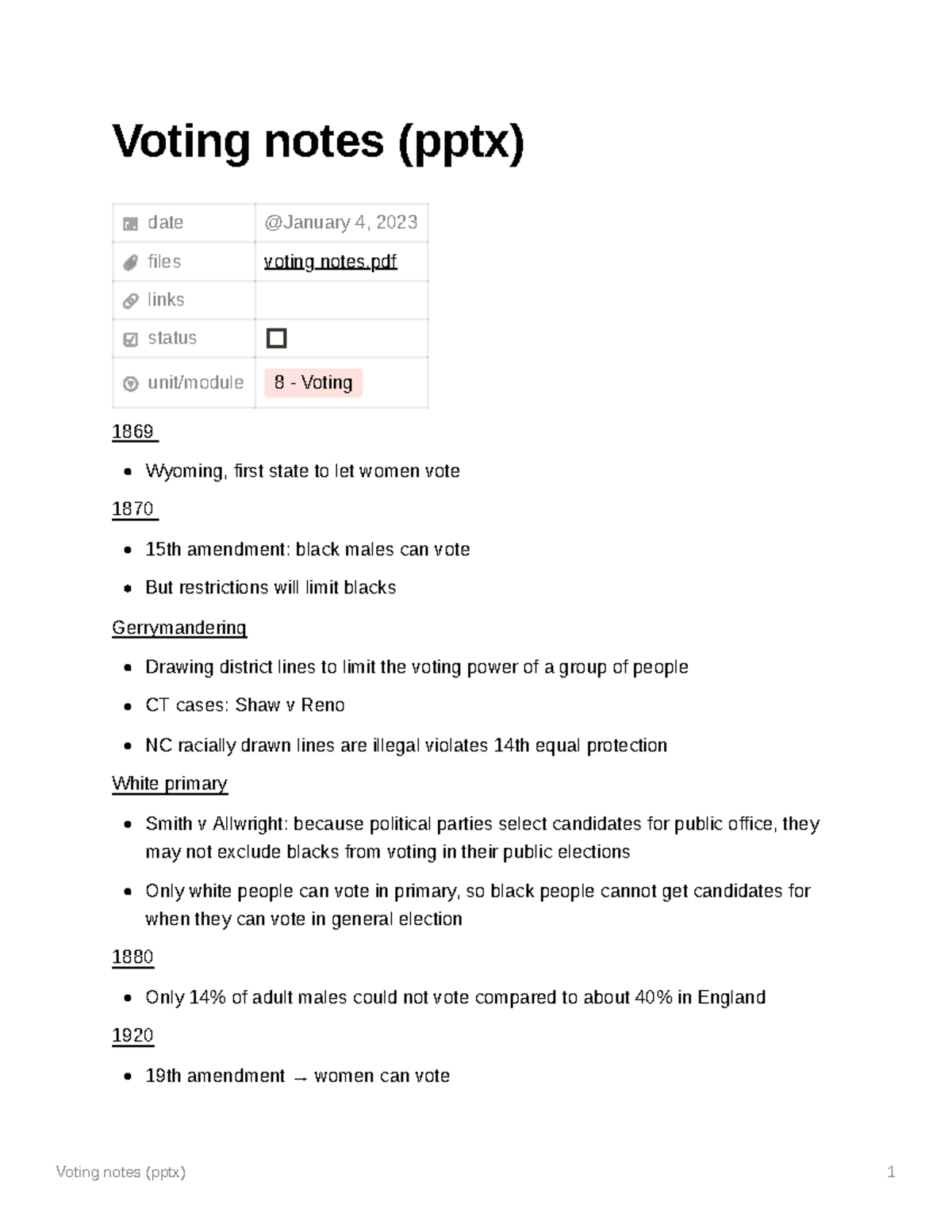 Voting Notes - . started by MLKJR 1961 23rd amendment: W.D gets 3 ...