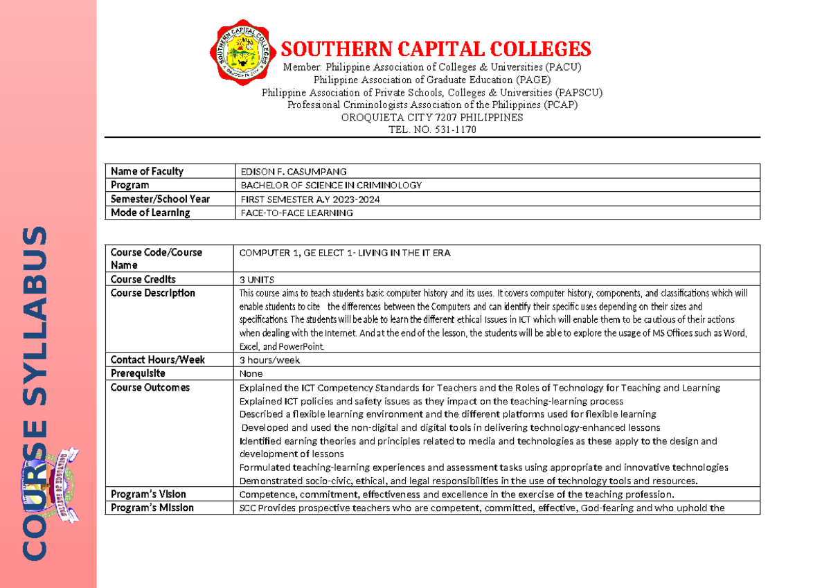 BEED syl - sample - SOUTHERN CAPITAL COLLEGES Member: Philippine ...