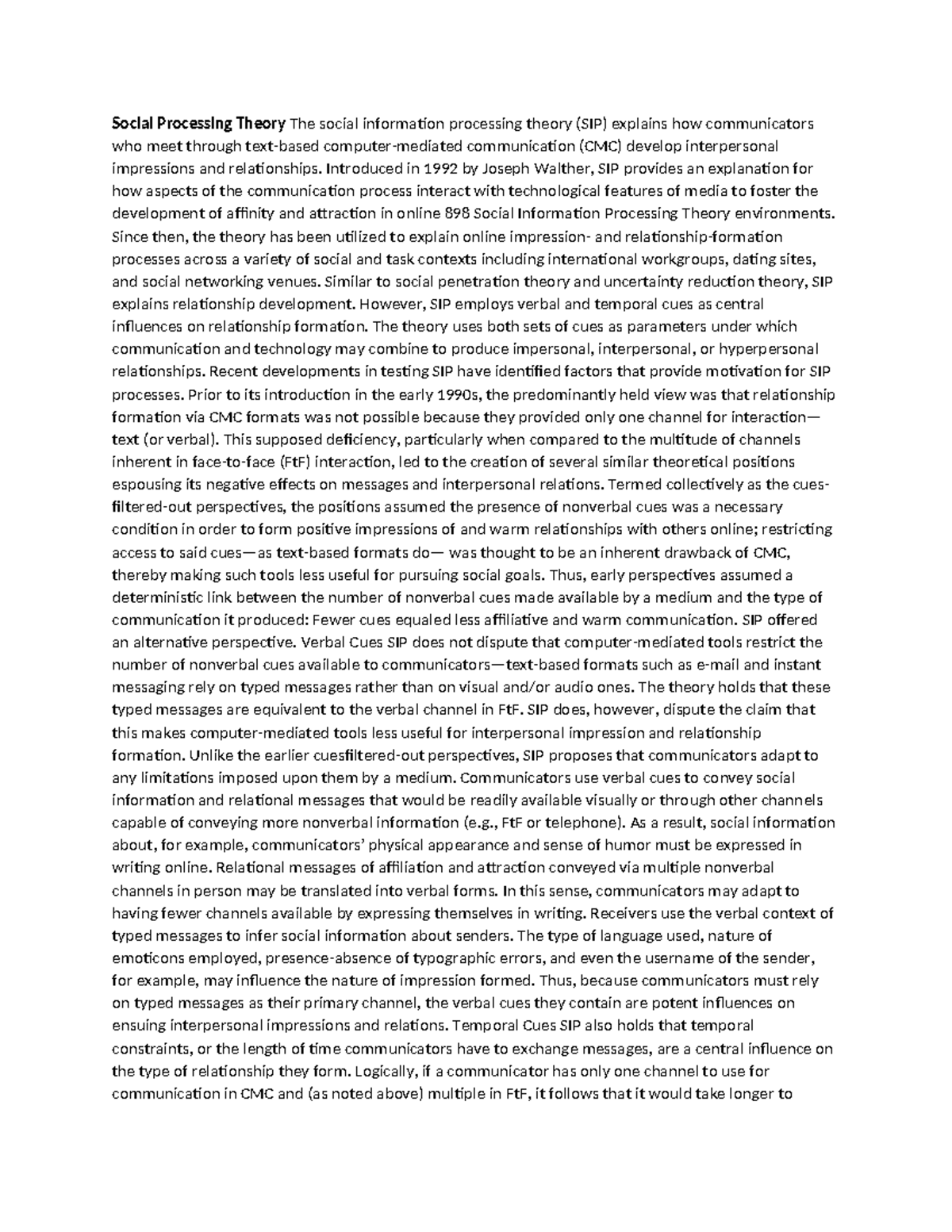 Comm Theory - Social Processing Theory The social information ...