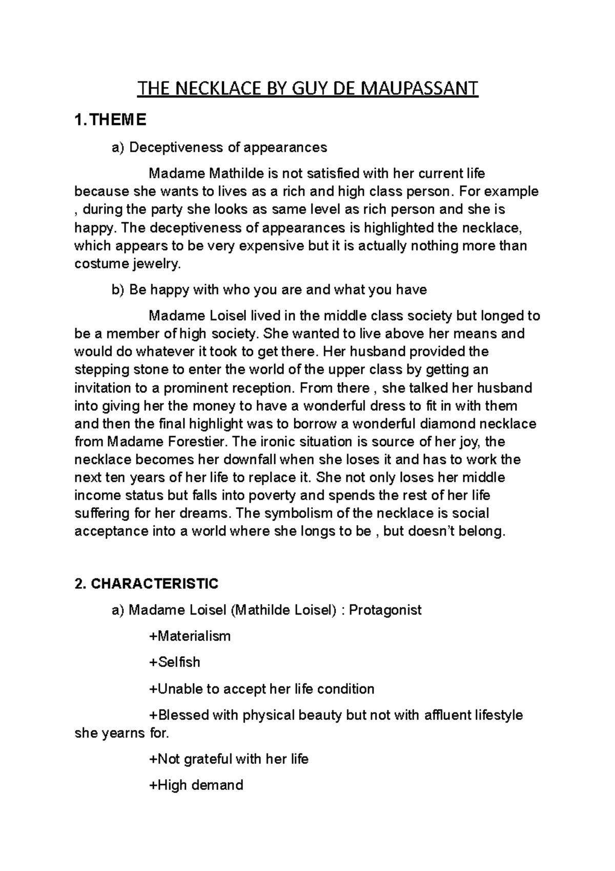 THE Necklace ELC - THE NECKLACE BY GUY DE MAUPASSANT 1 a) Deceptiveness ...