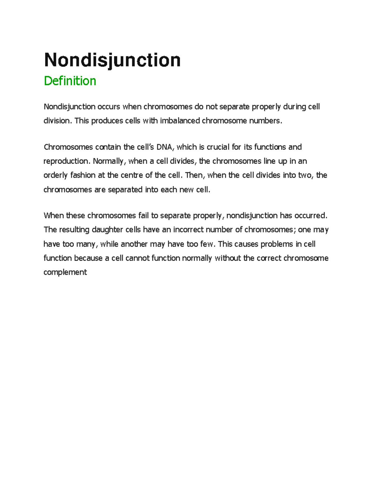 Nondisjunction - Nondisjunction Definition Nondisjunction occurs when ...