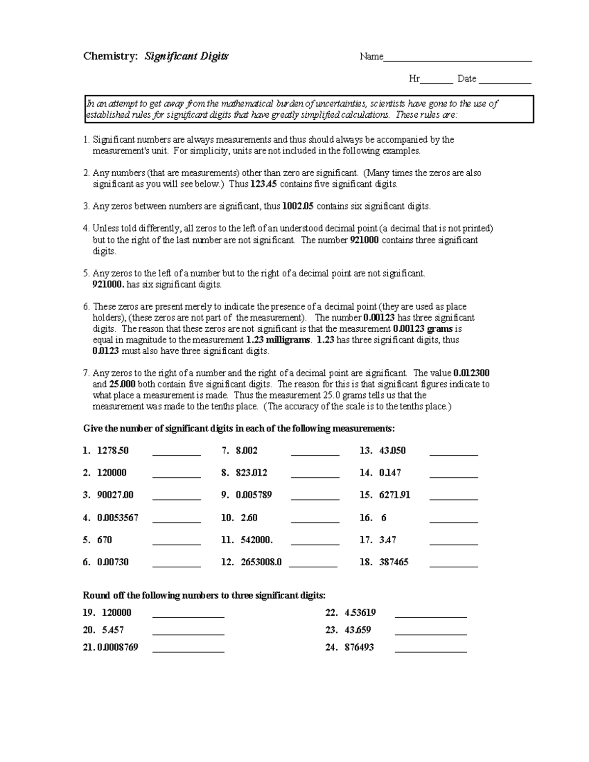 12 b Chemistry Sig Fig Ext - Chemistry: Significant Digits Name