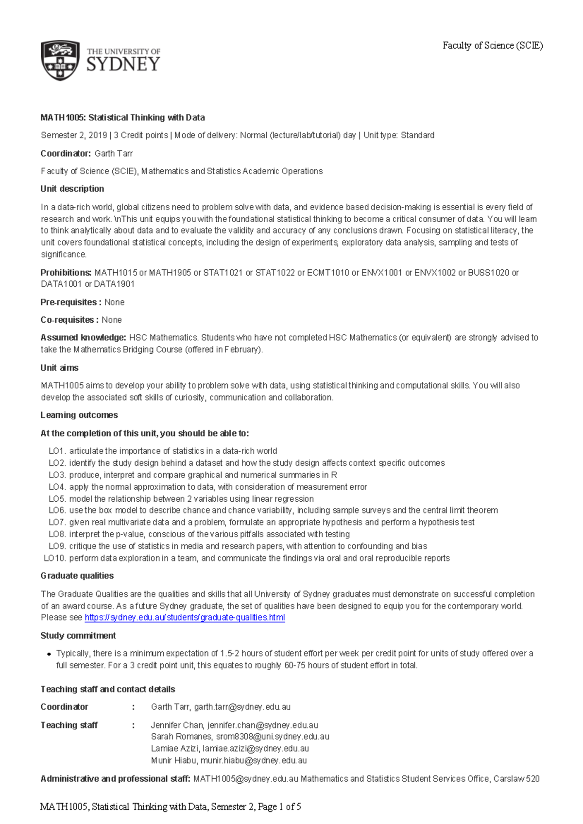 2019 MATH1005 - Course general information summary - MATH1005: Statistical Thinking with Data ...