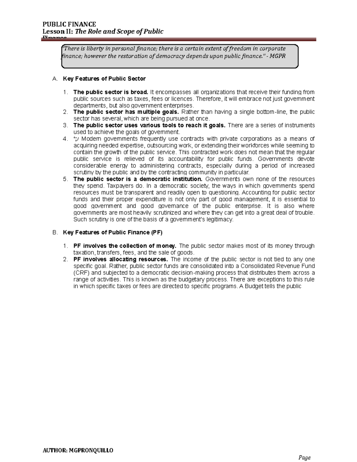 Lesson-II-The-Role-and-Scope-of-Public-Finance - A. Key Features of ...