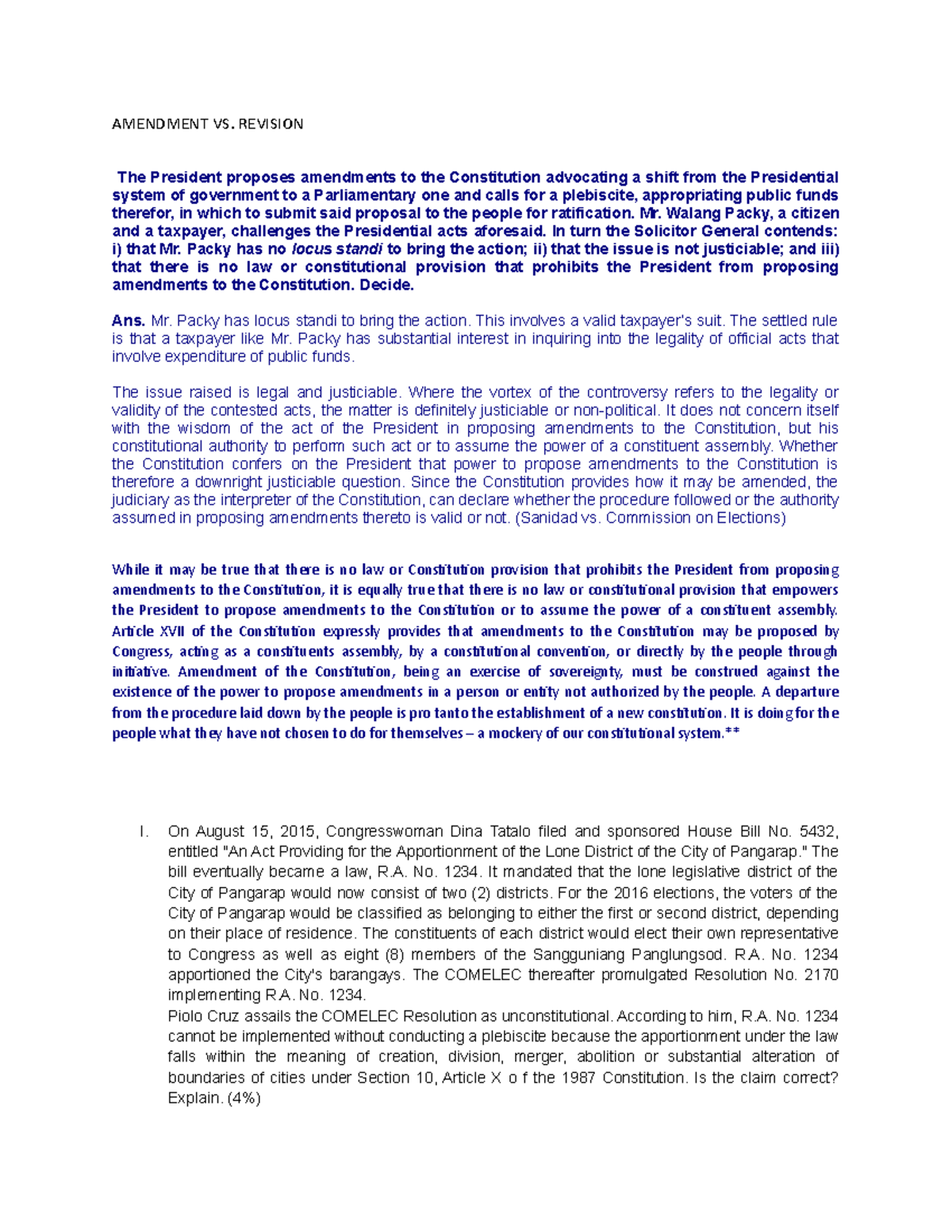 Amendment VS Revision - notes - AMENDMENT VS. REVISION The President ...