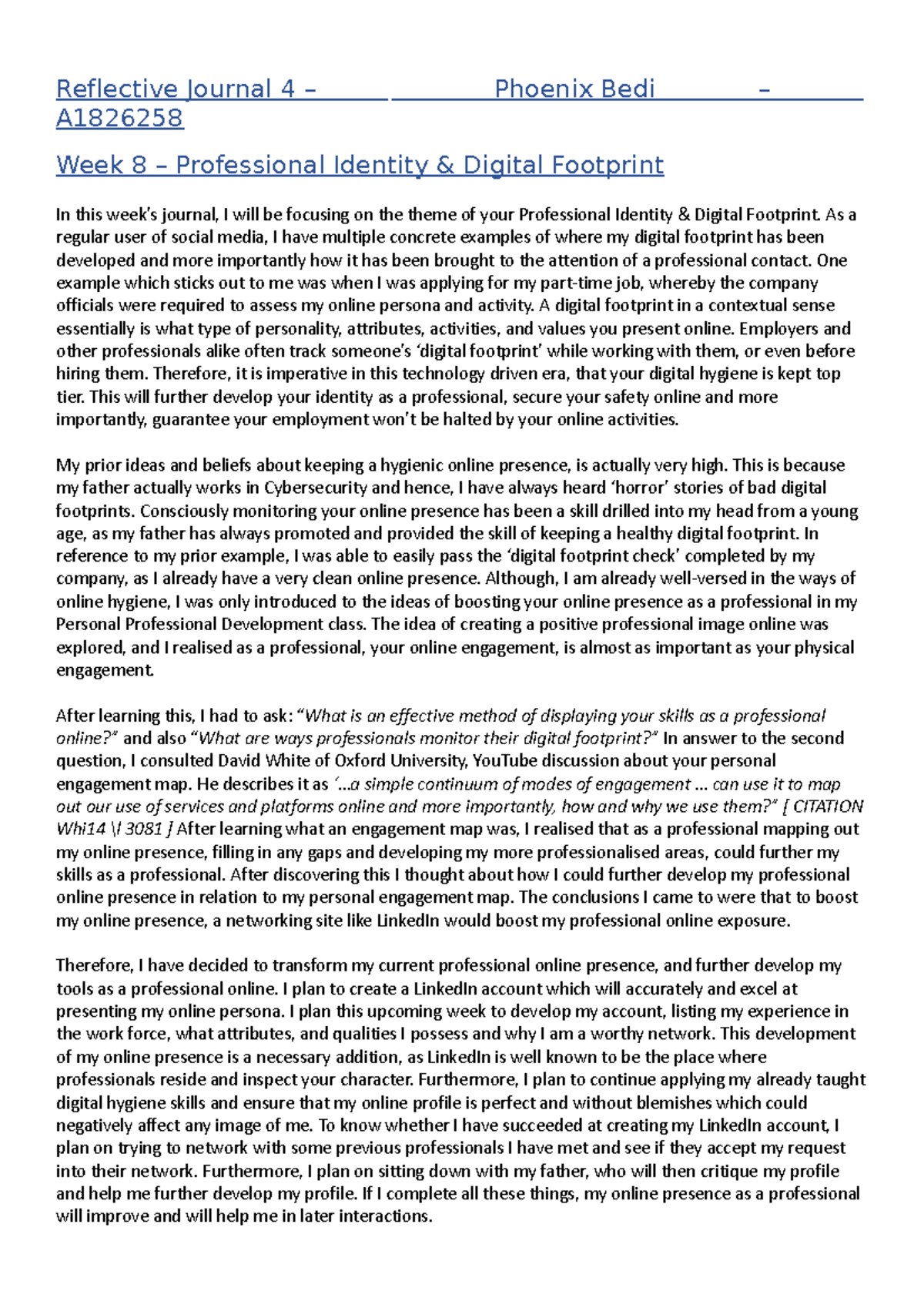 Reflective Journal 4 - Assignment - Reflective Journal 4 – Phoenix Bedi ...