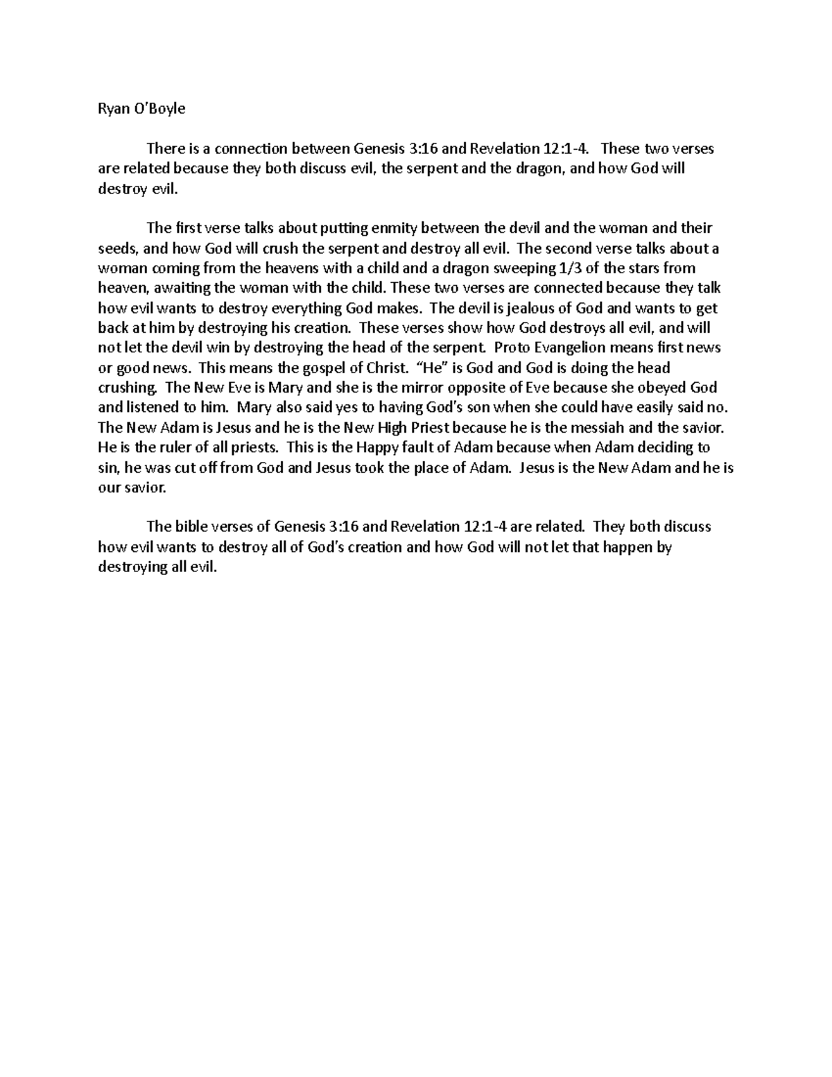 Theology essay - Ryan O’Boyle There is a connection between Genesis 3: ...