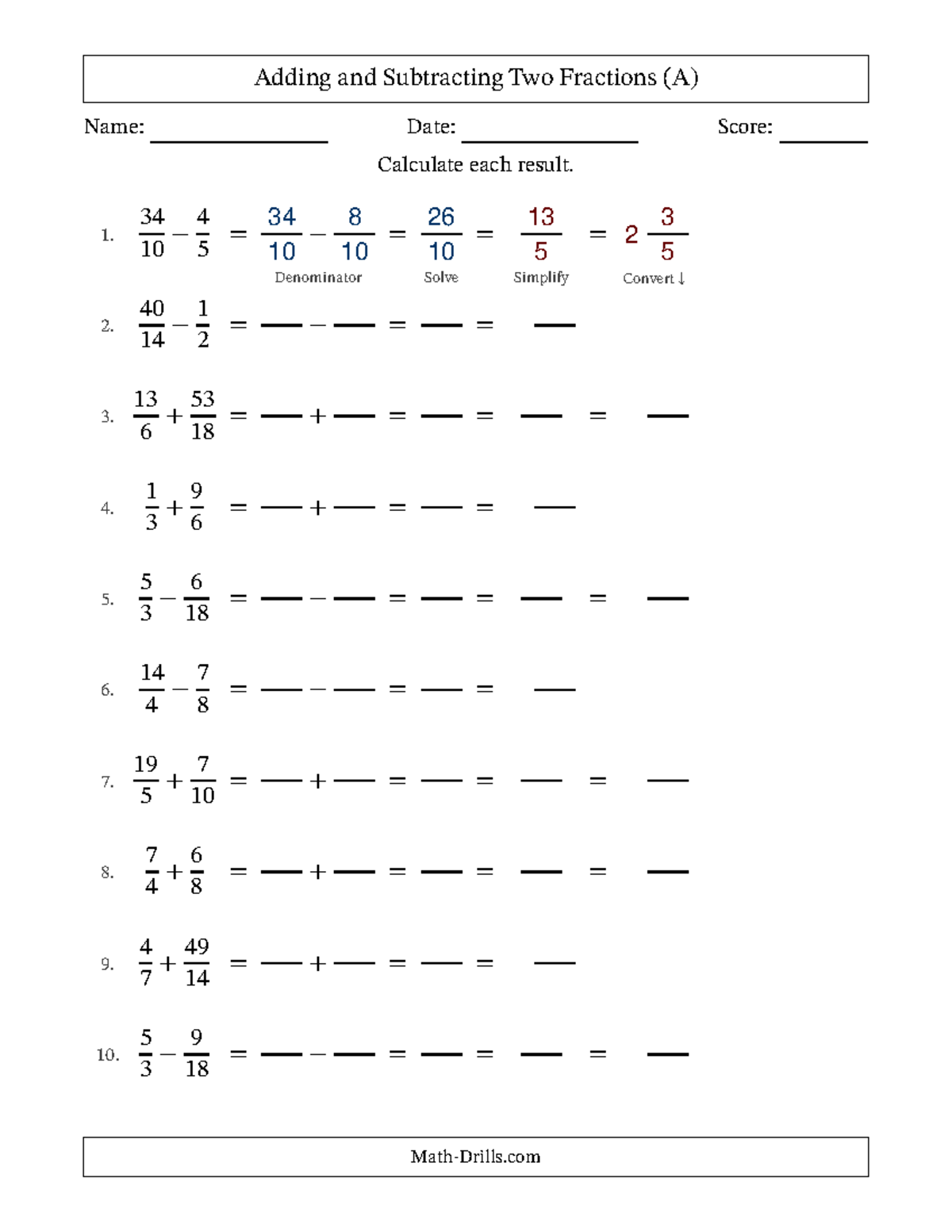 Fractions adding and sub 1 - Adding and Subtracting Two Fractions (A ...