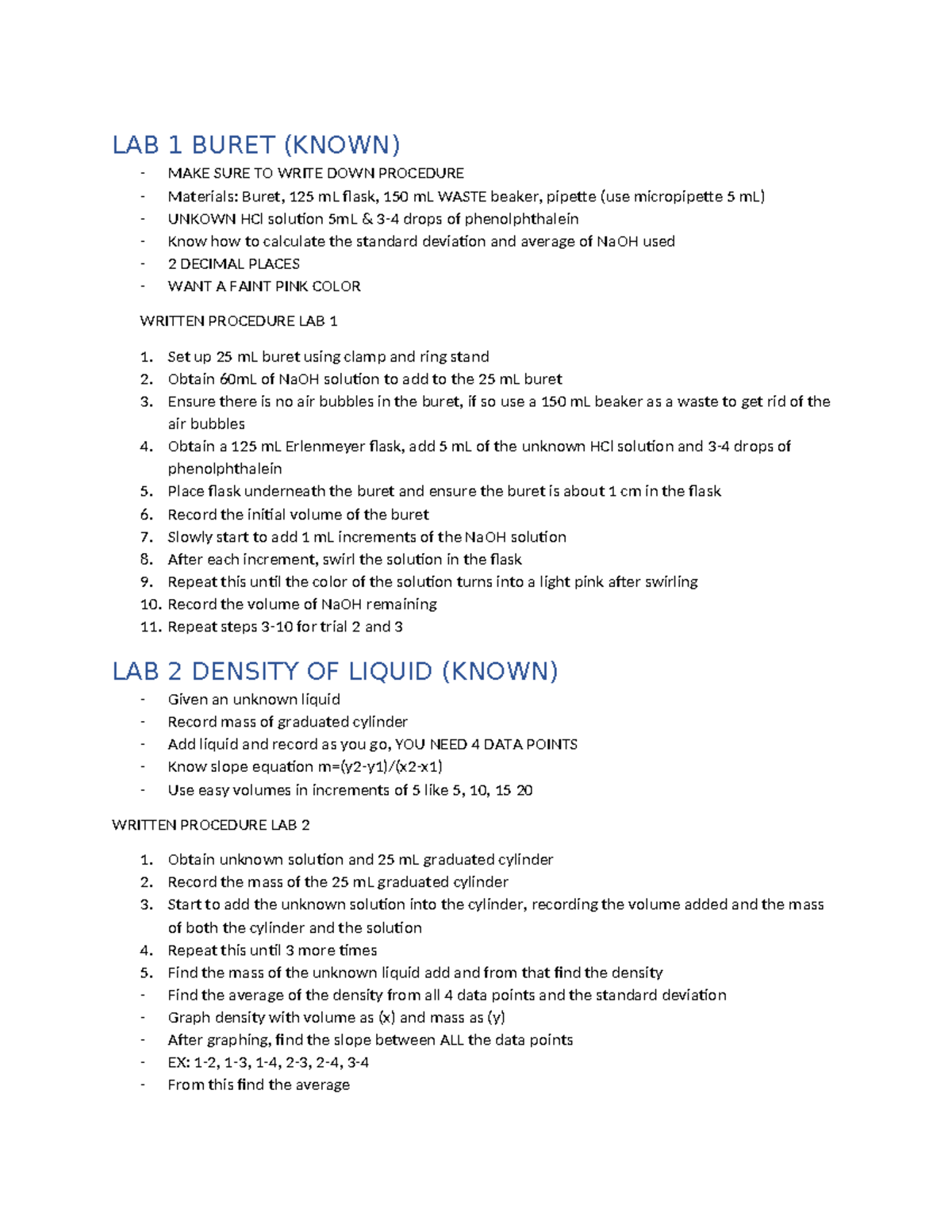 CHEM Lab Practical - LAB 1 BURET (KNOWN) - MAKE SURE TO WRITE DOWN ...