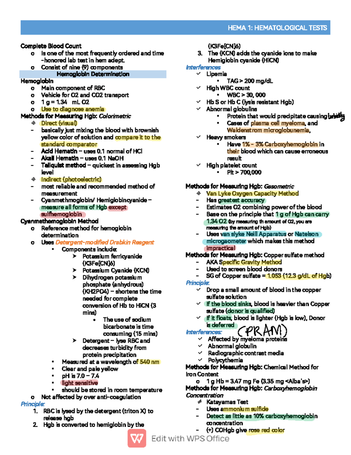 Hema lecture - HEMA 1: HEMATOLOGICAL TESTS Complete Blood Count o Is ...