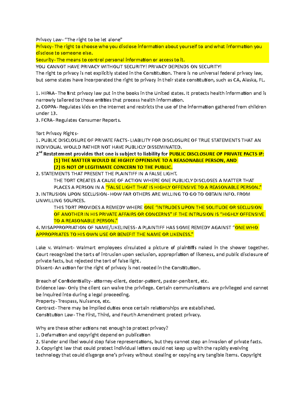 Privacy Law - Crim. Pro. Notes - Privacy Law- “The right to be let ...