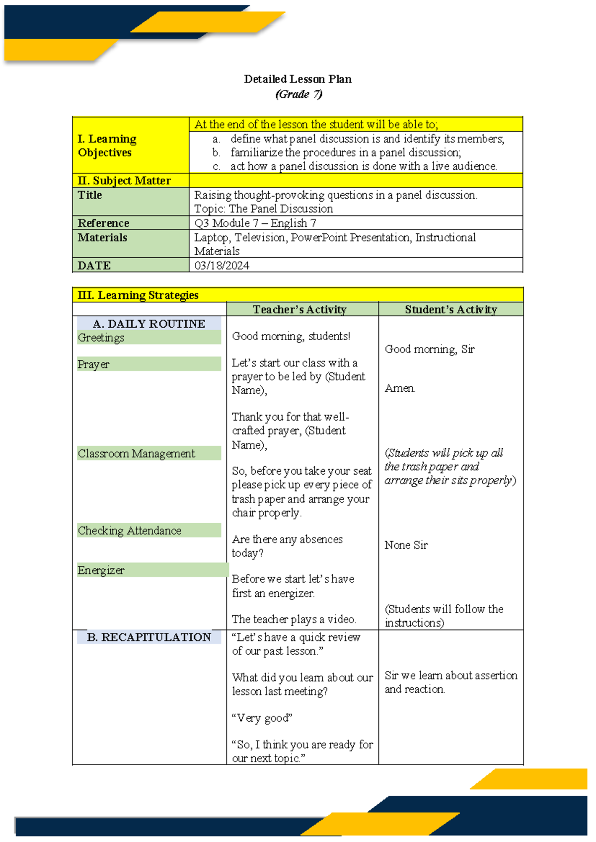 The-Panel-Discussion jhoms - Detailed Lesson Plan (Grade 7) I. Learning ...