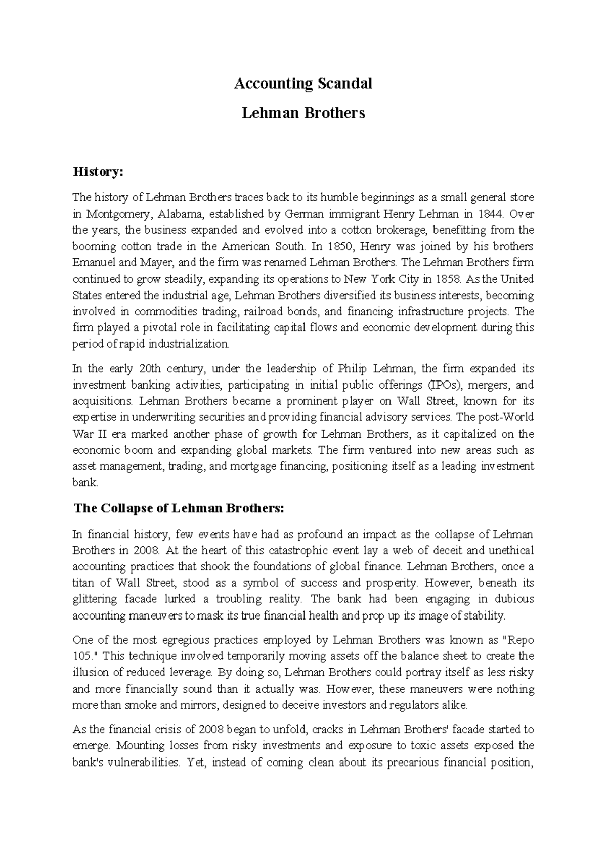 Accounting Scandal - Accounting Scandal Lehman Brothers History: The history of Lehman Brothers ...