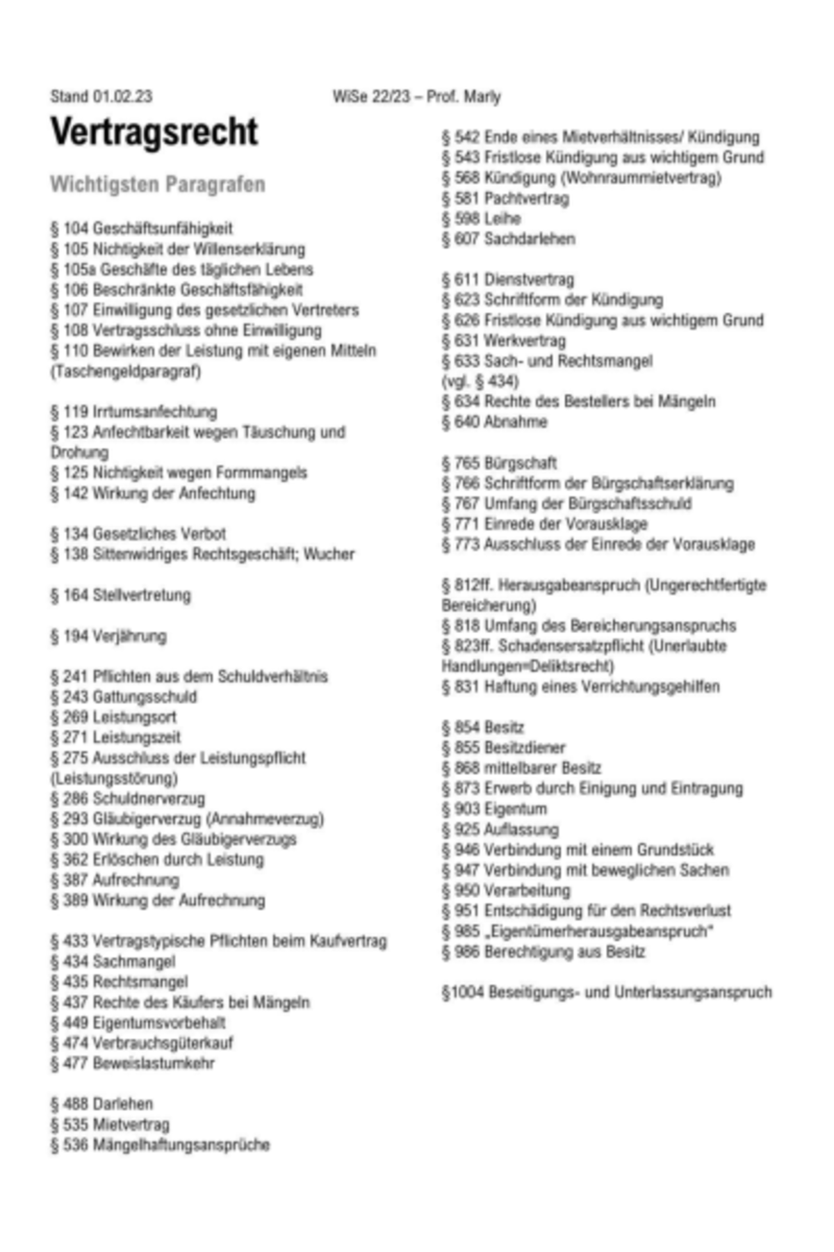 Paragraphenübersicht - Vertragsrecht - Studocu