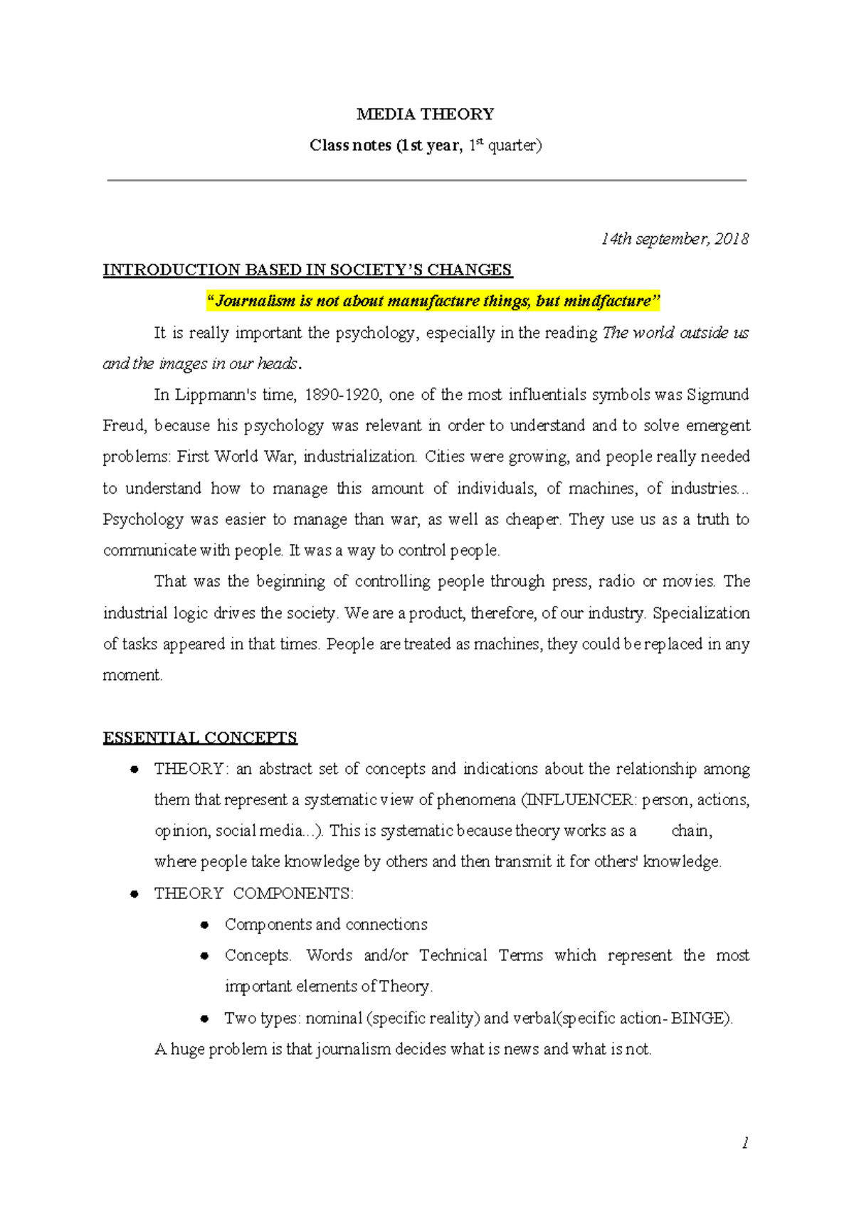 Media Theory Class Notes - MEDIA THEORY Class notes (1st year, 1st ...