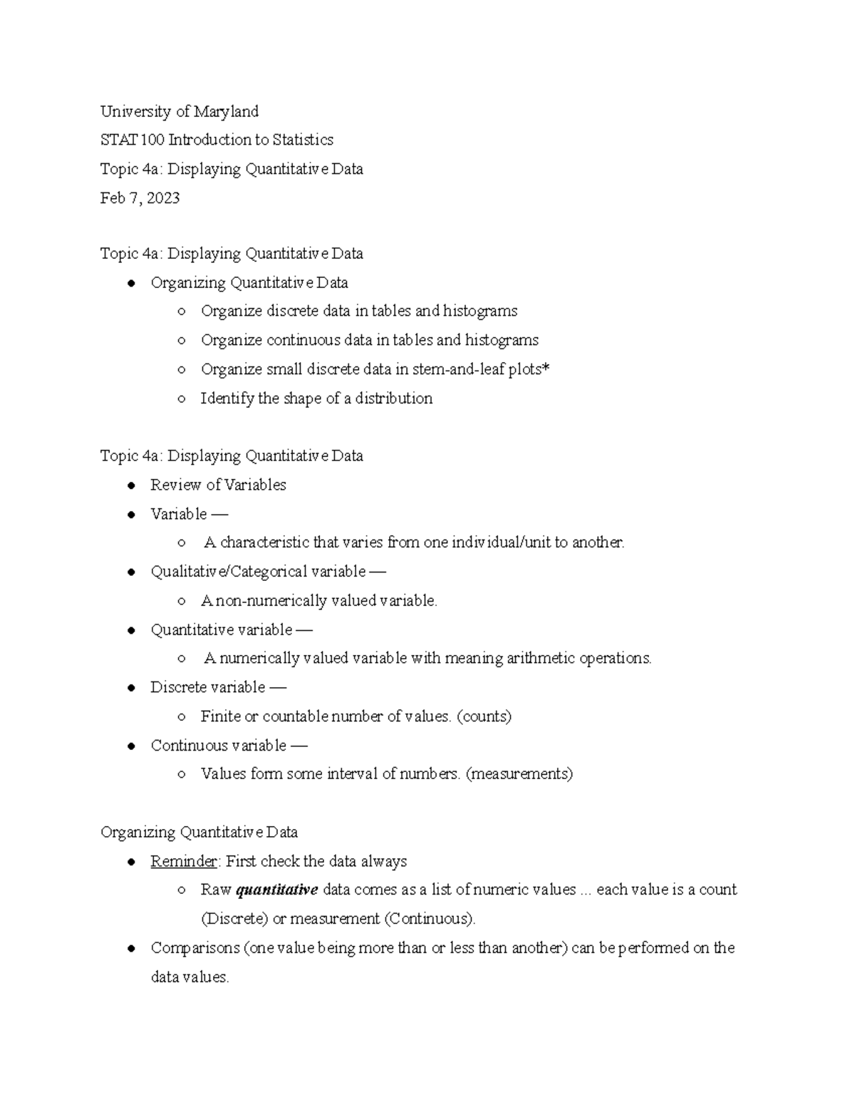 Topic 4a Displaying Quantitative Data - University of Maryland STAT100 Introduction to ...