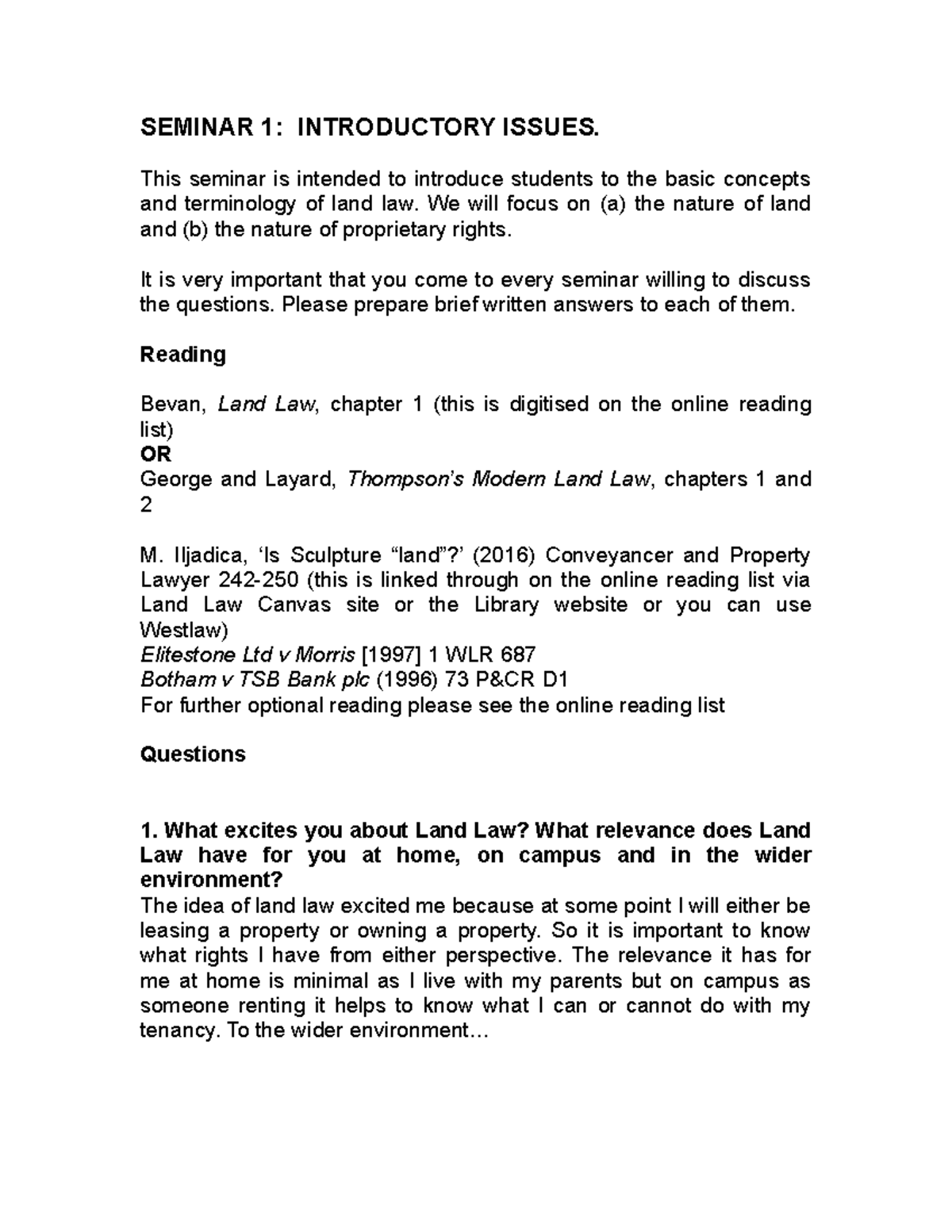 Seminar 1 - SEMINAR 1: INTRODUCTORY ISSUES. This seminar is intended to ...