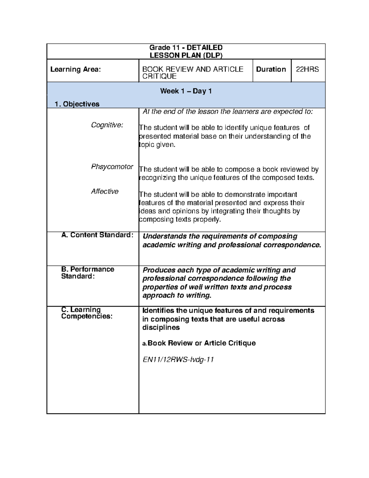 Assessment of Student Learning - Grade 11 - DETAILED LESSON PLAN (DLP ...