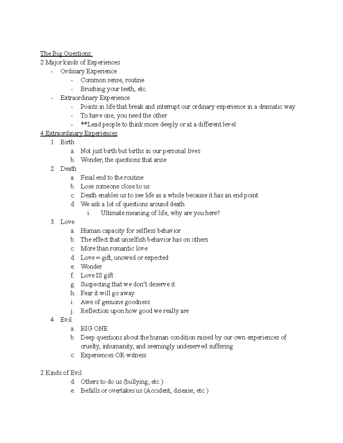 THE 154 - Notes from in-person class - The Big Questions: 2 Major kinds ...