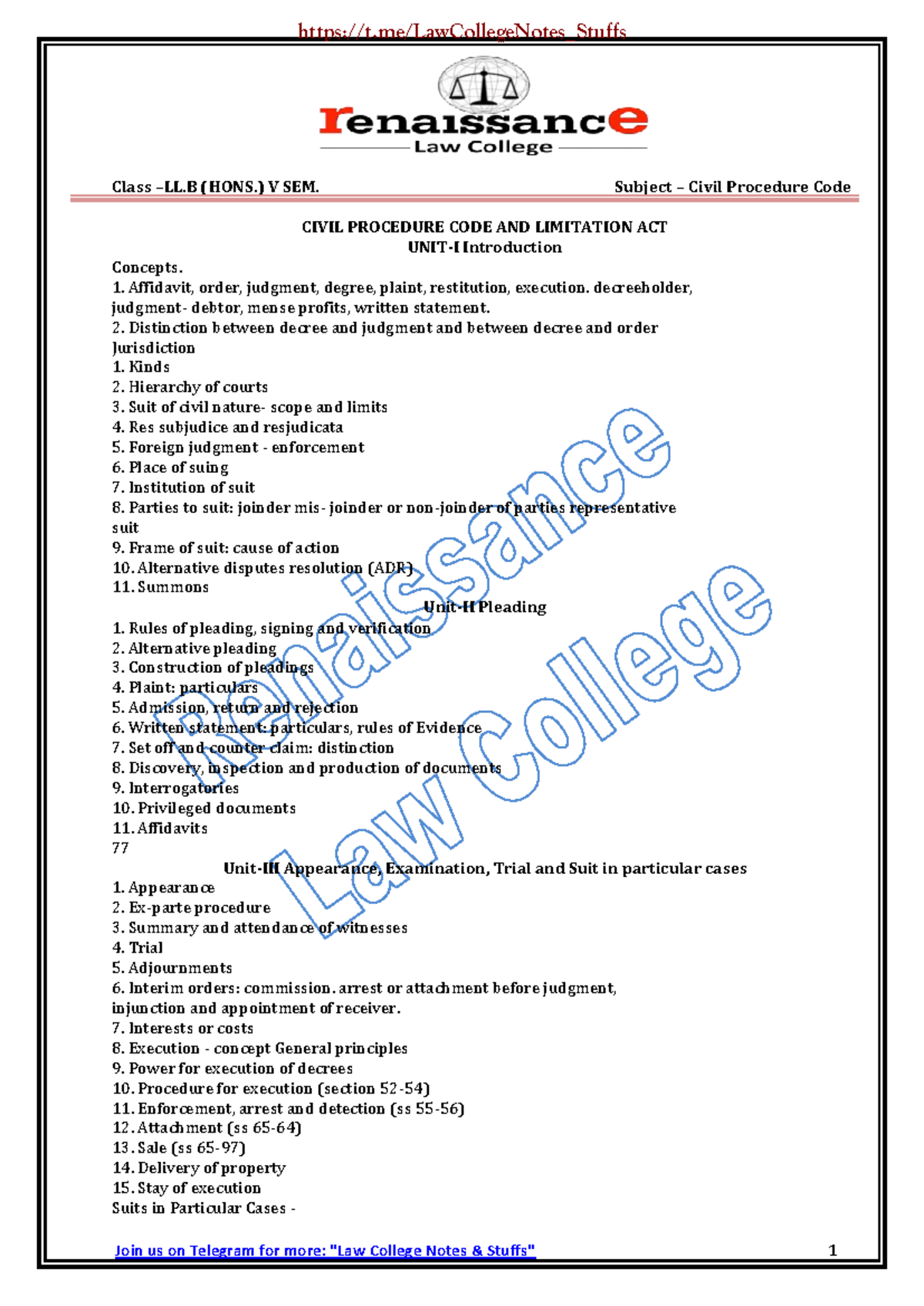 Pdfcoffee - Information - Class – LL (HONS.) V SEM. Subject – Civil Procedure Code CIVIL ...