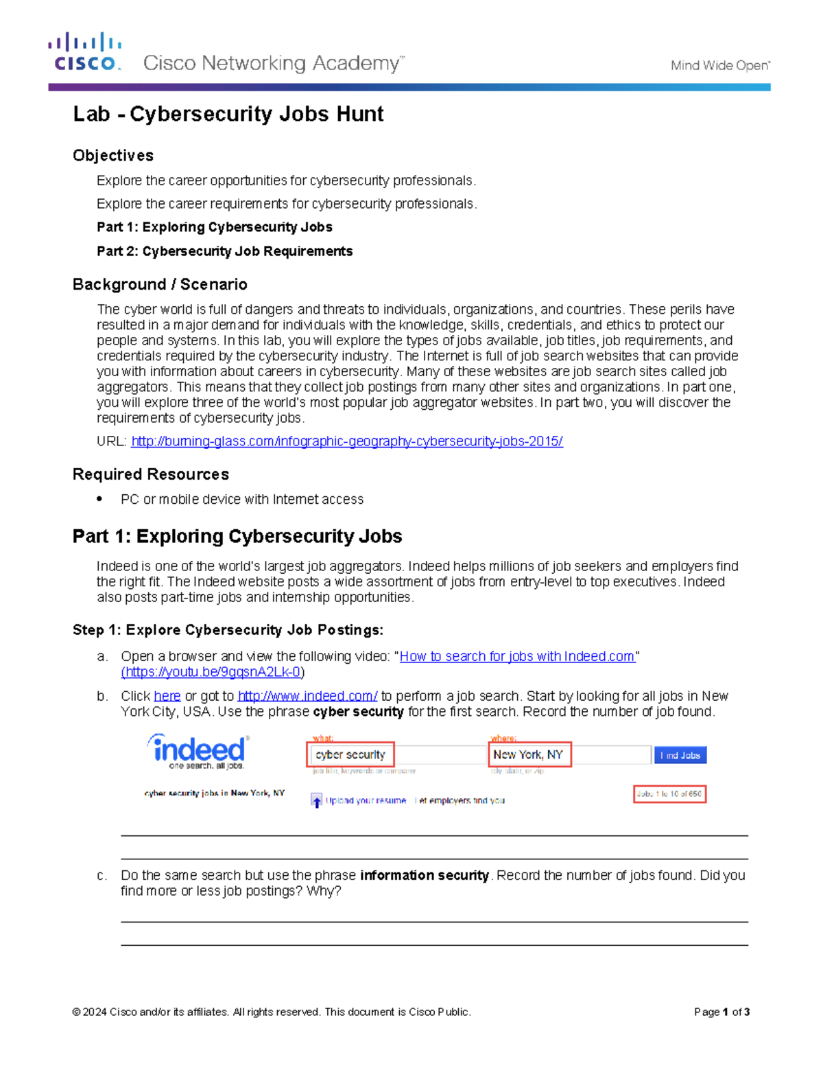 1.2.2.4 Lab - Cybersecurity Job Hunt - Lab - Cybersecurity Jobs Hunt Objectives Explore the ...