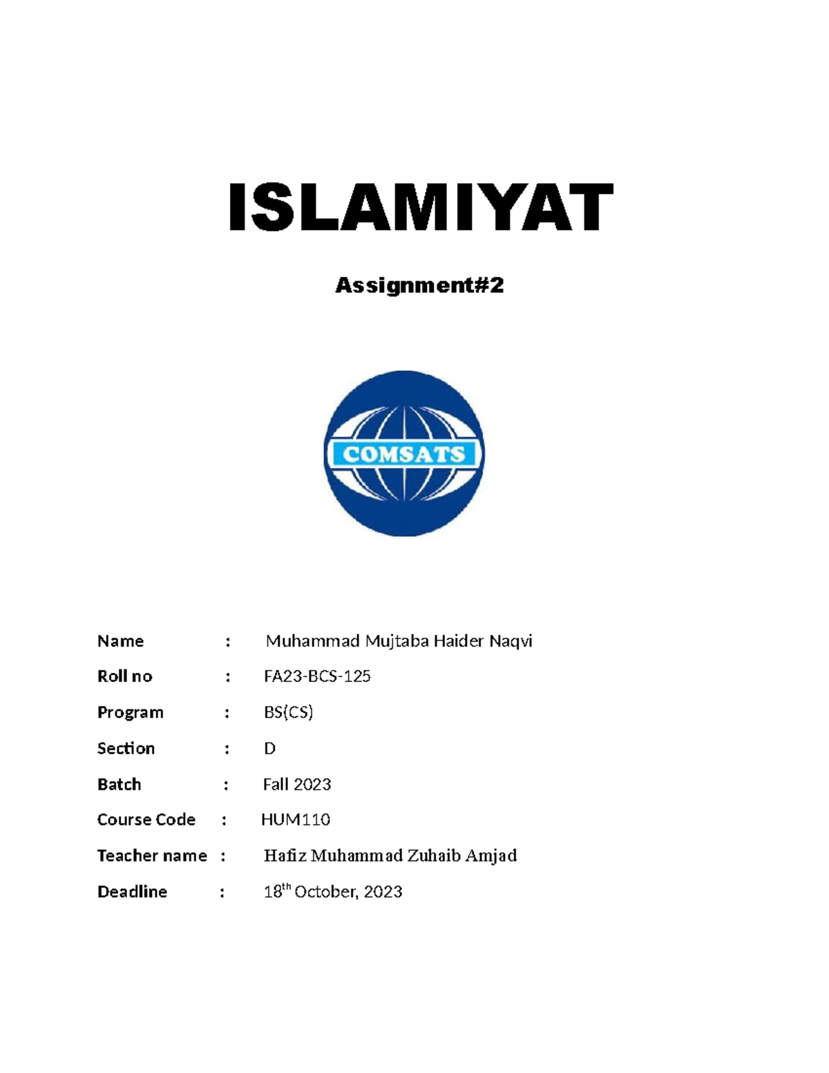 Assignmet #2[Unity] - unity assignment - ISLAMIYAT Assignment# Name ...