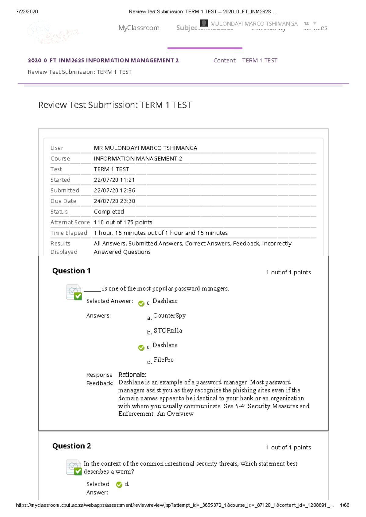 Review Test Submission TERM 1 TEST 2020 0 FT INM262S - - Studocu