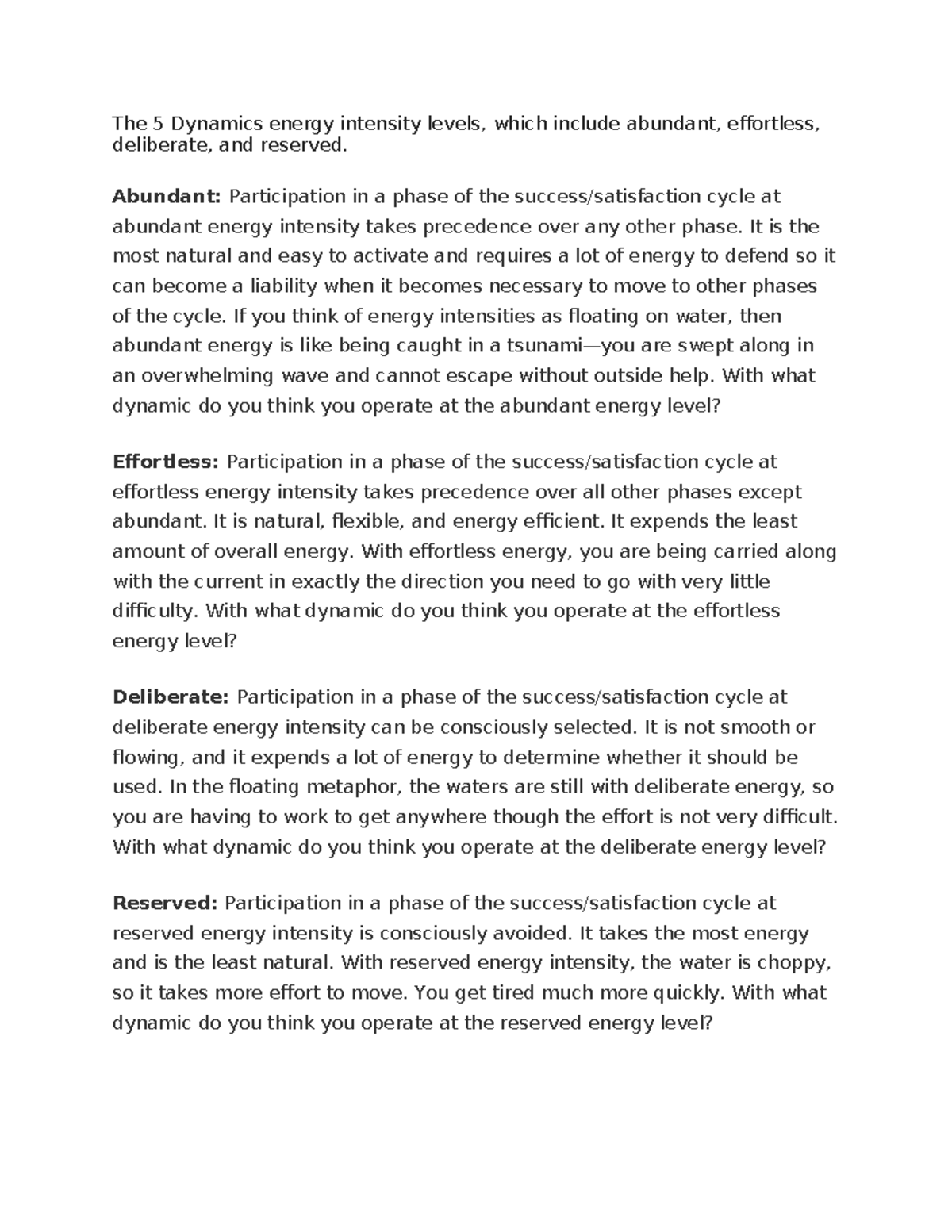 The 5 Dynamics energy intensity levels - Abundant: Participation in a ...
