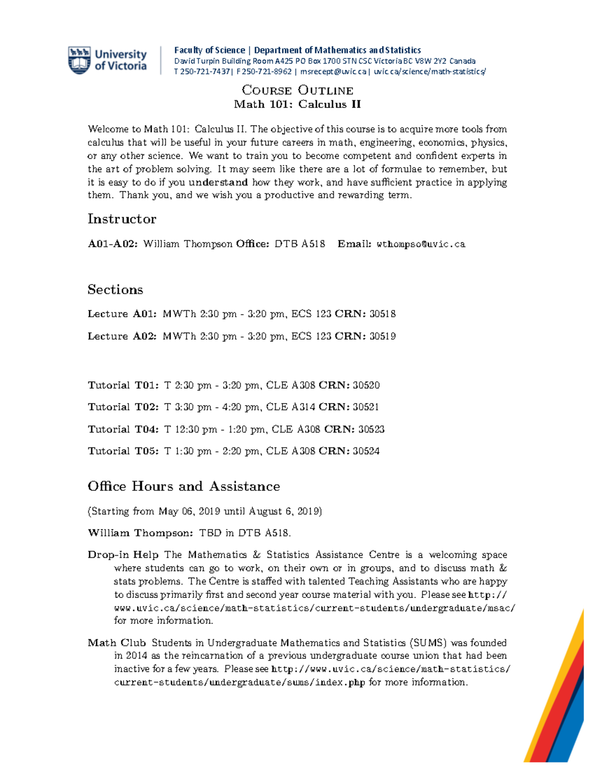 Course Outline Math101 2019 01 - Faculty of Science | Department of Mathematics and - Studocu