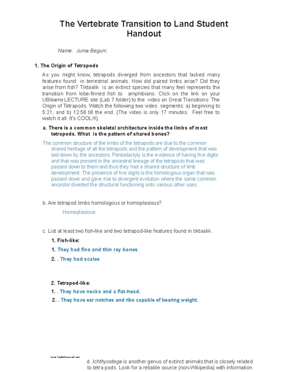 Begum Juma The Vertebrate Transition To Land Blank - The Vertebrate ...