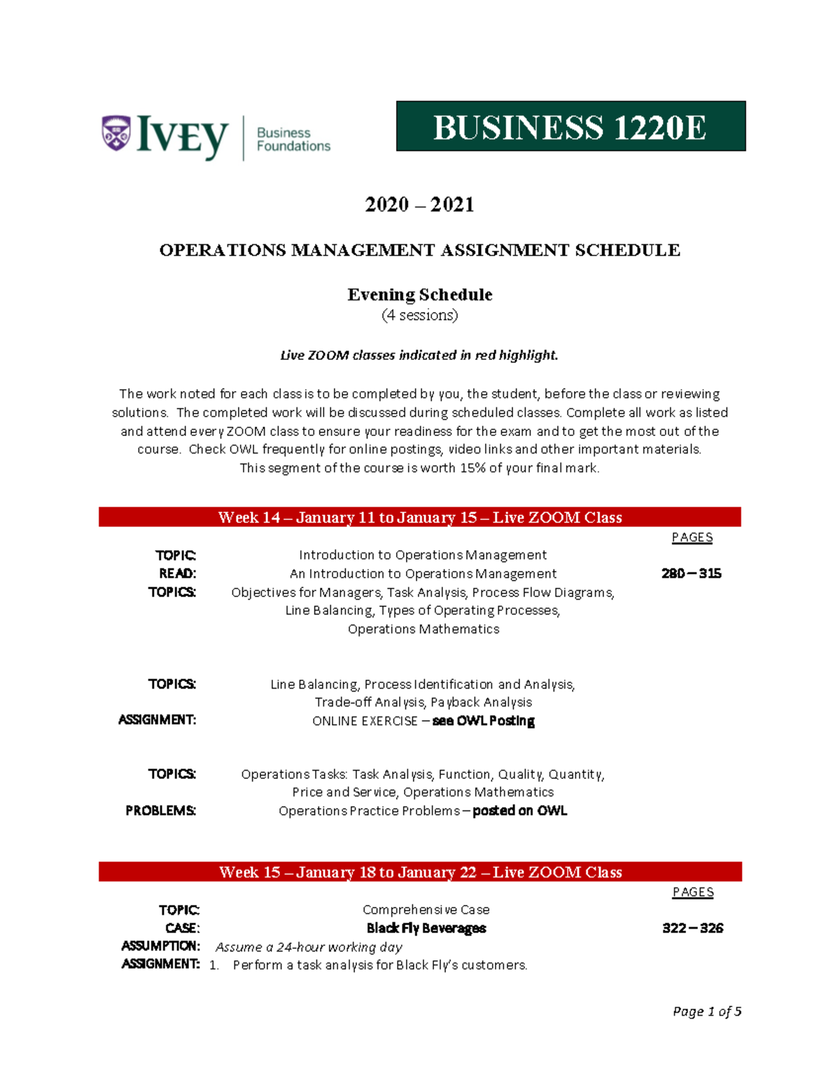 BUS 1220 Operations Schedule- Evening Class - 2020 – 2021 OPERATIONS ...