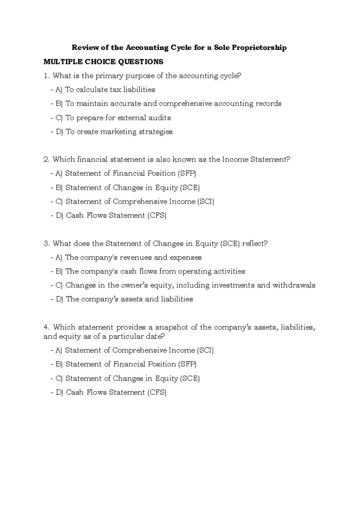 Review of the Accounting Cycle for a Sole Proprietorship MC Questions ...
