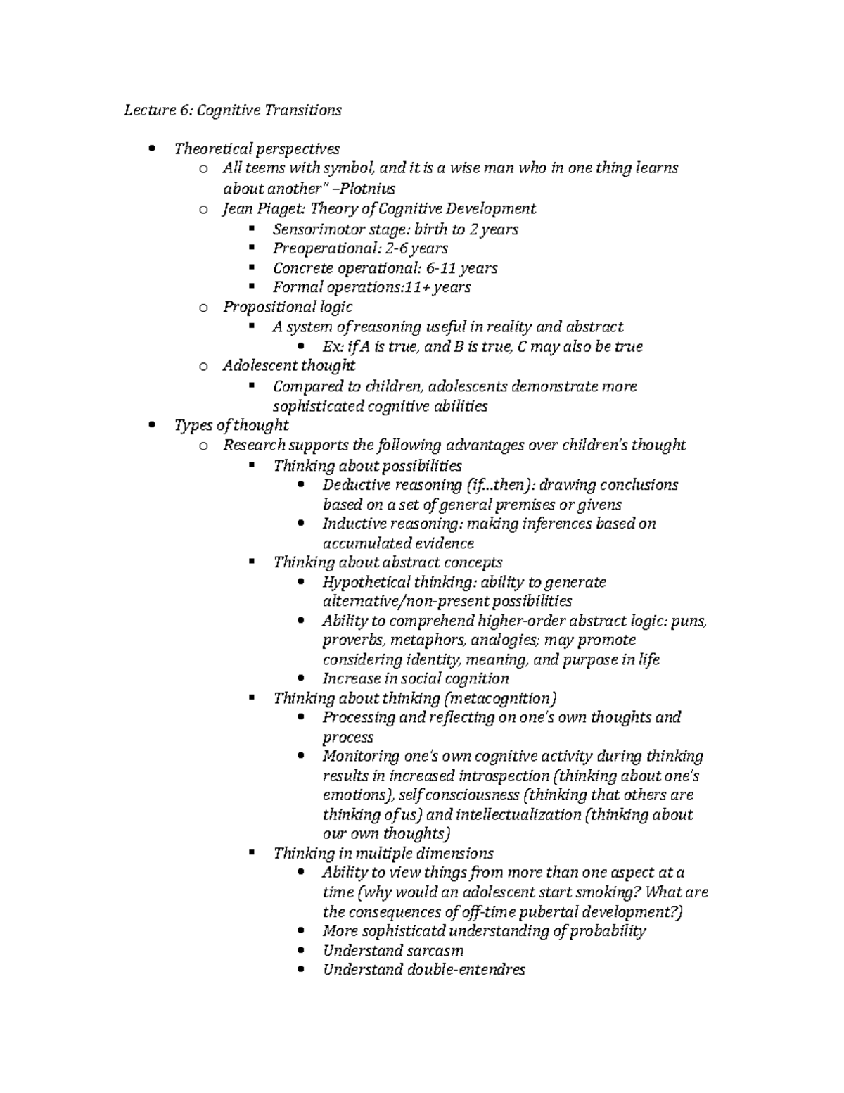 Lecture 6 - Lecture 6: Cognitive Transitions Theoretical perspectives o ...