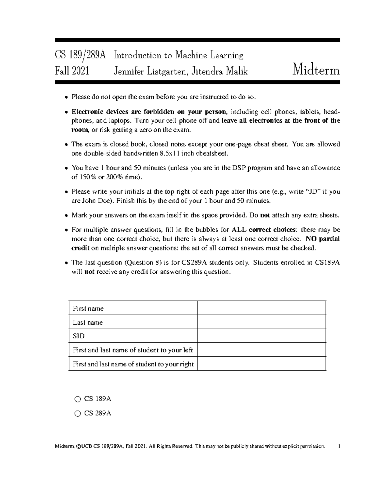 Midf21 - Midterm preparation with solutions - CS 189/289A Introduction ...