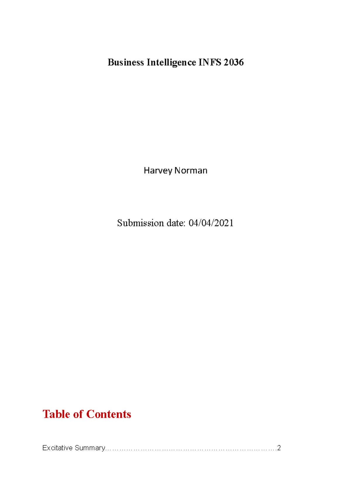 BI proposal - Business Intelligence INFS 2036 Harvey Norman Submission ...