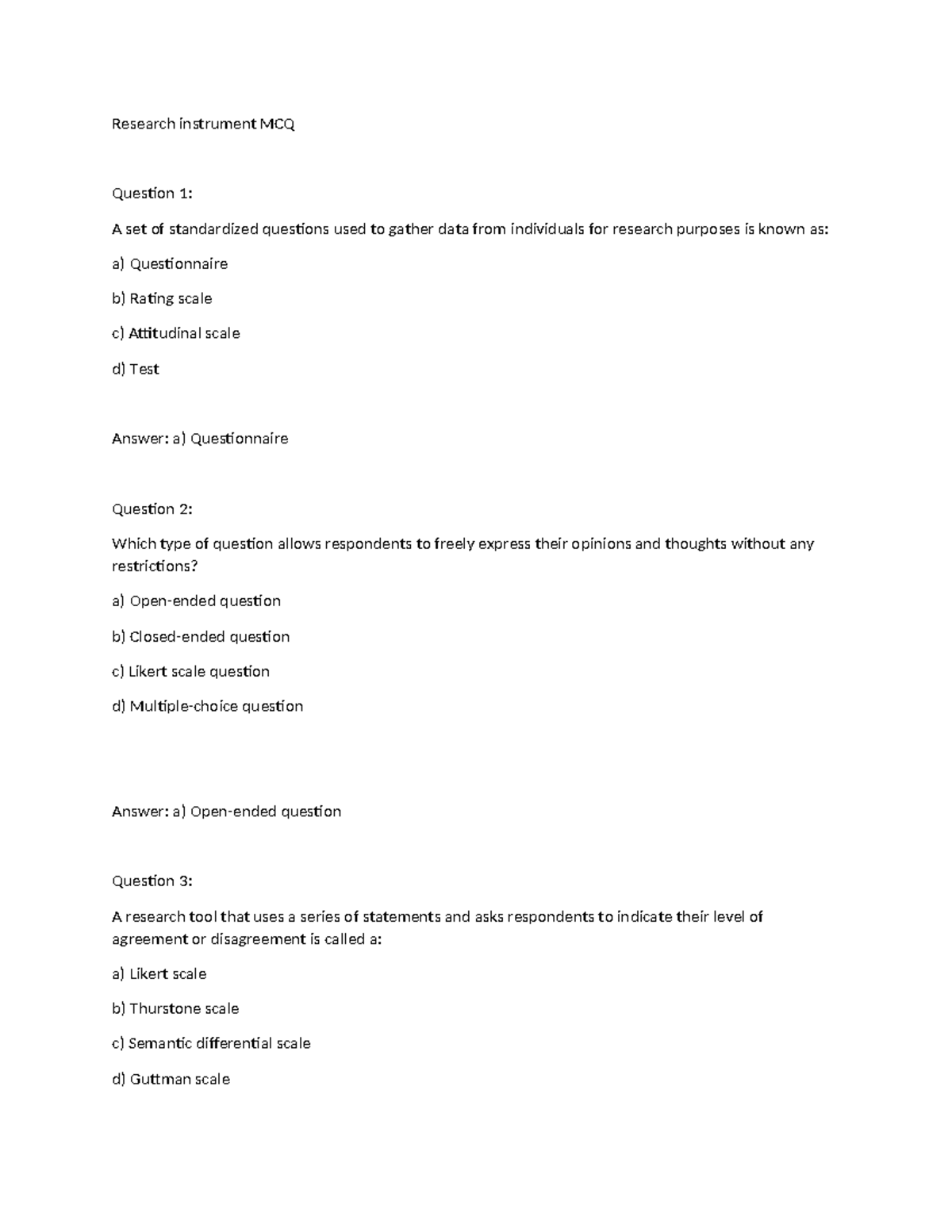 Research instrument MCQ - Research instrument MCQ Question 1: A set of ...