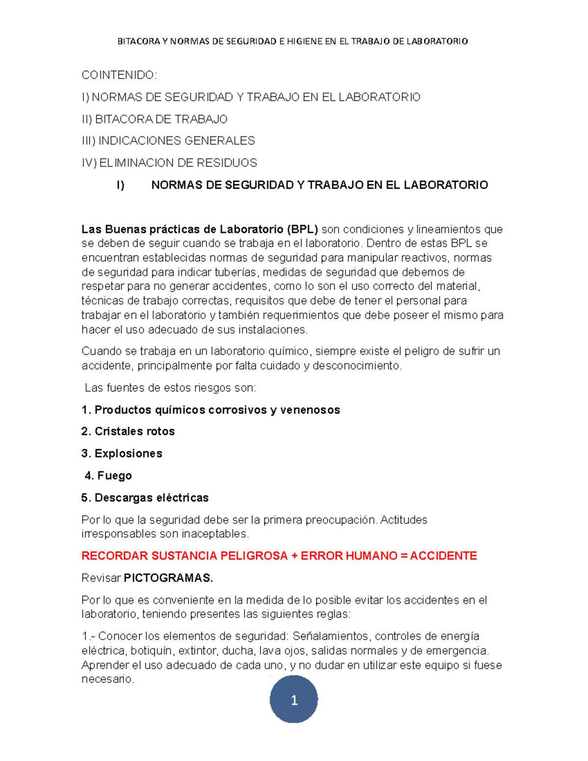 Bitacora - COINTENIDO: I) NORMAS DE SEGURIDAD Y TRABAJO EN EL ...