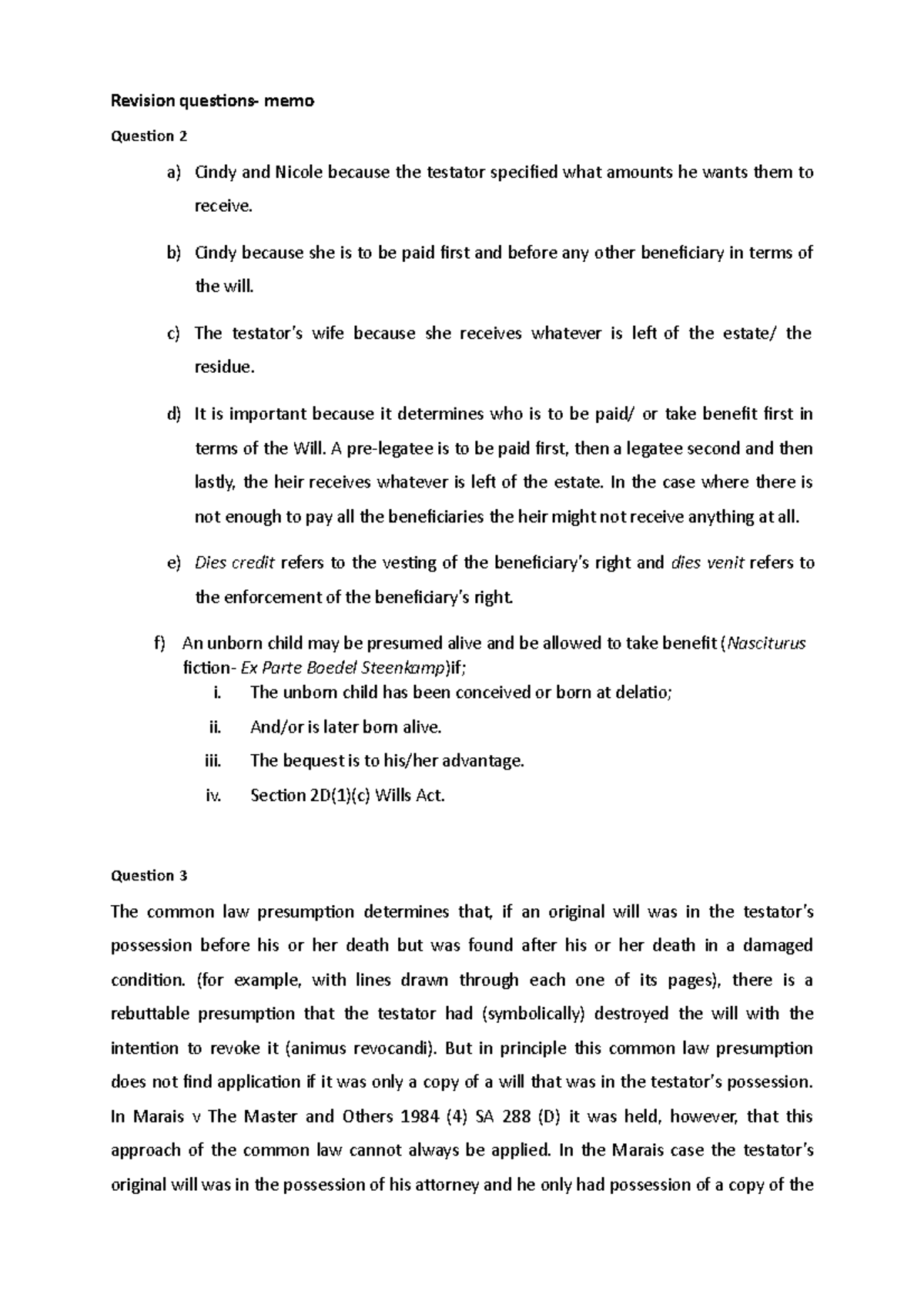 Revision questions- memo - Revision questions- memo Question 2 a) Cindy ...