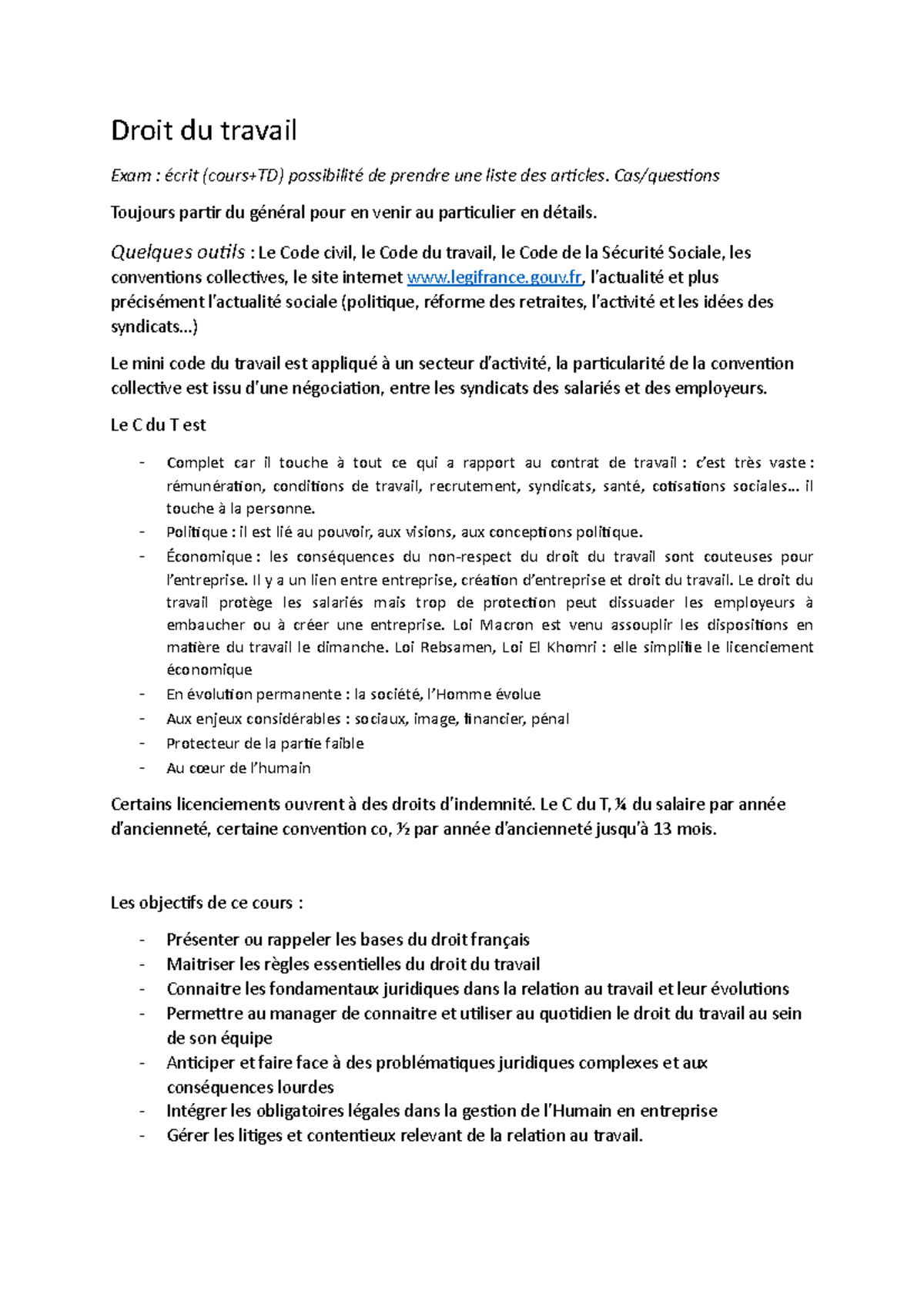 Droit-du-travail amphi - Droit du travail Exam - Studocu
