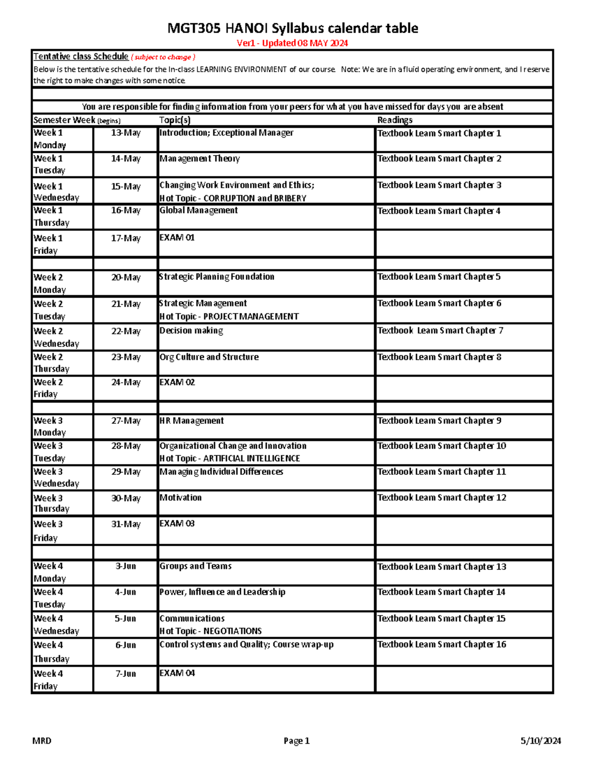 MGT305 Durand Syllabus Calendar Table Hanoi Ver1 MAY08 2024 - Topic(s ...