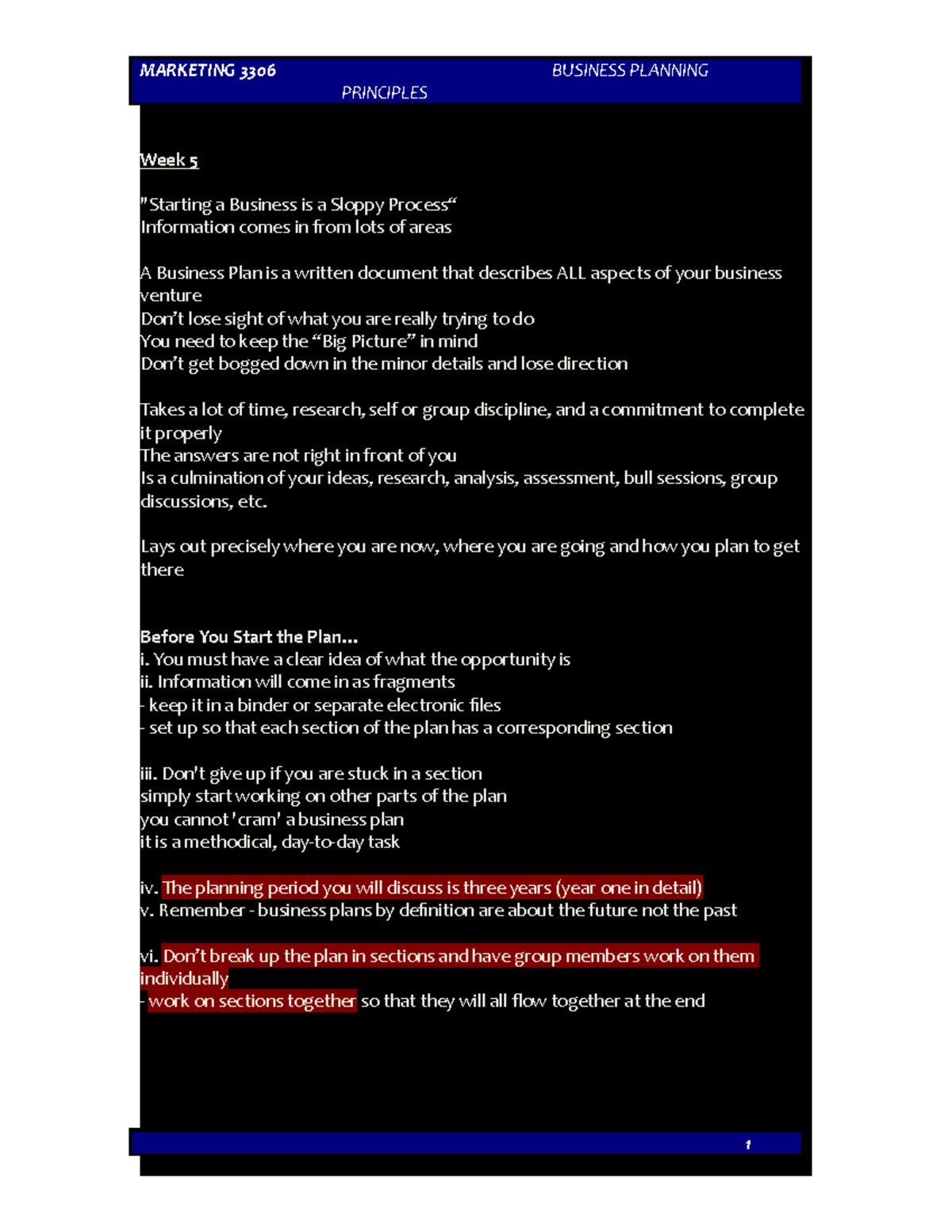 3306 Week 5 Lecture Outline 2016 - MARKETING 3306 BUSINESS PLANNING ...