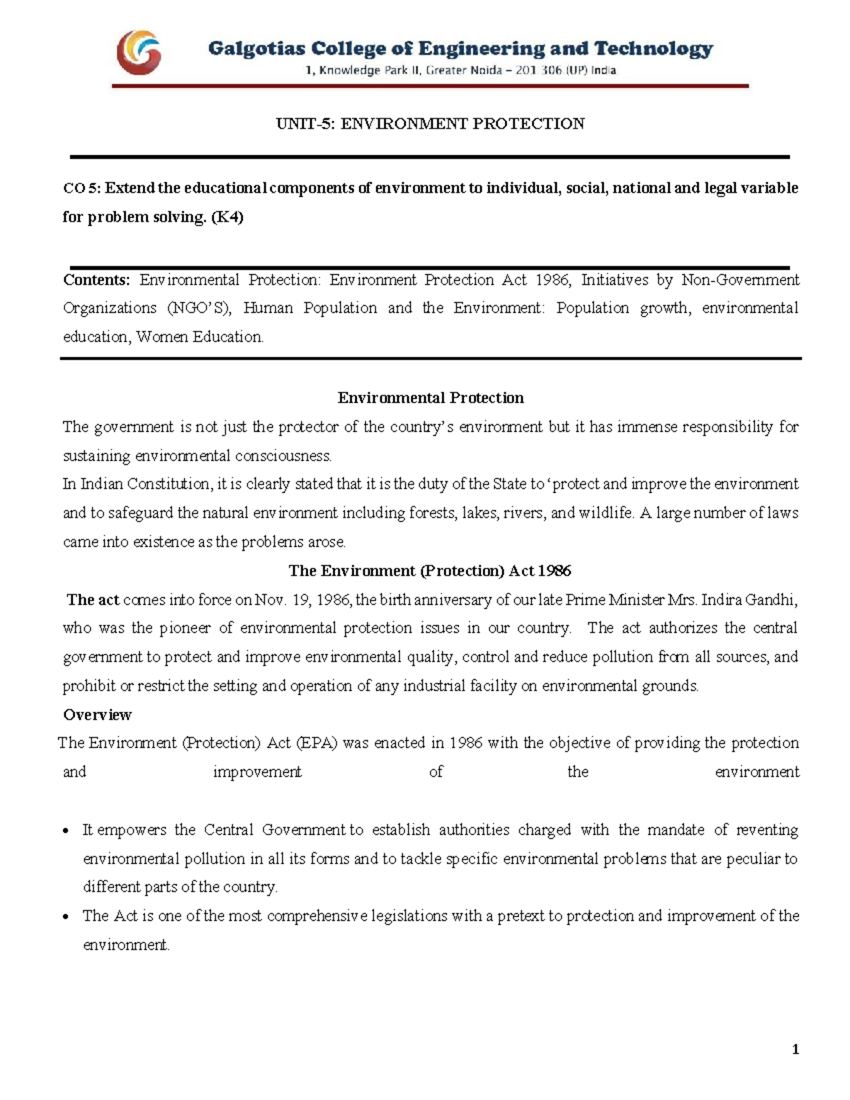 BAS-104 Unit V Lecture Notes - UNIT- 5 : ENVIRONMENT PROTECTION CO 5 ...