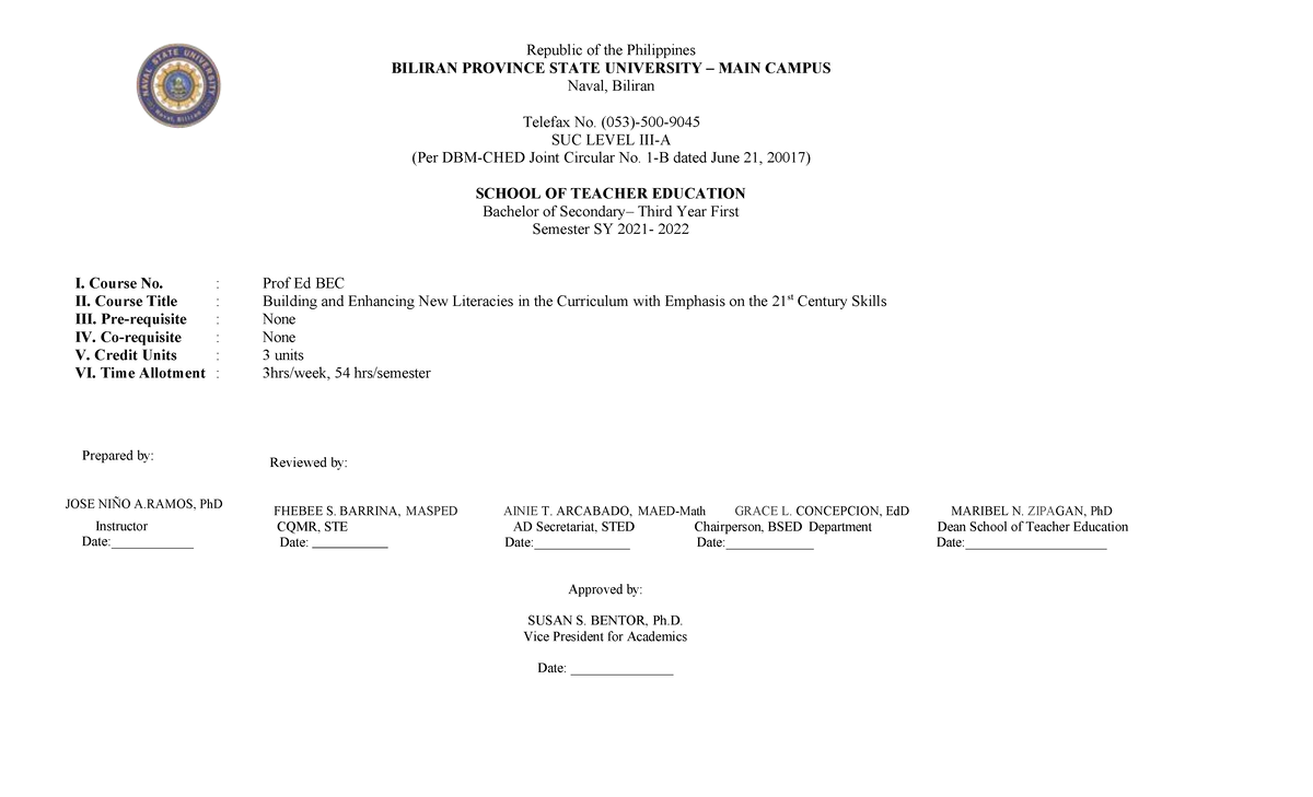 21st century learning syllabus - Republic of the Philippines BILIRAN ...