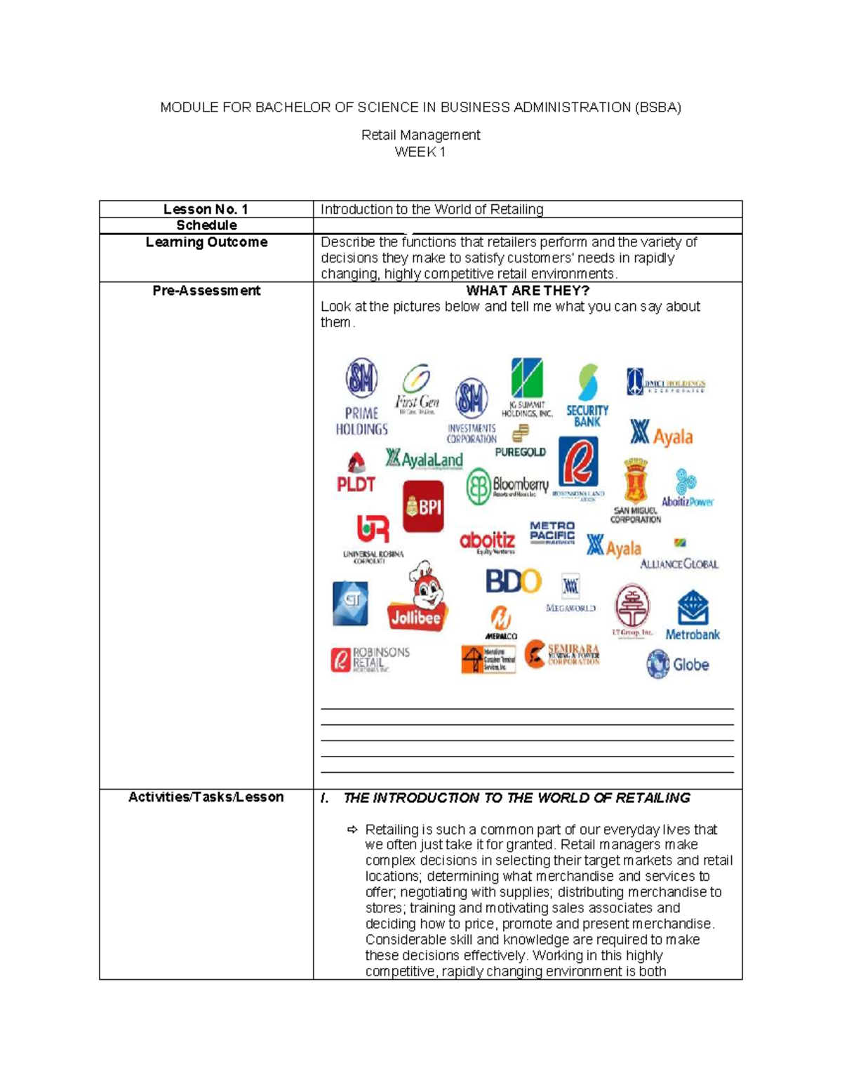 Course Module - Retail Management module 1 - MODULE FOR BACHELOR OF ...