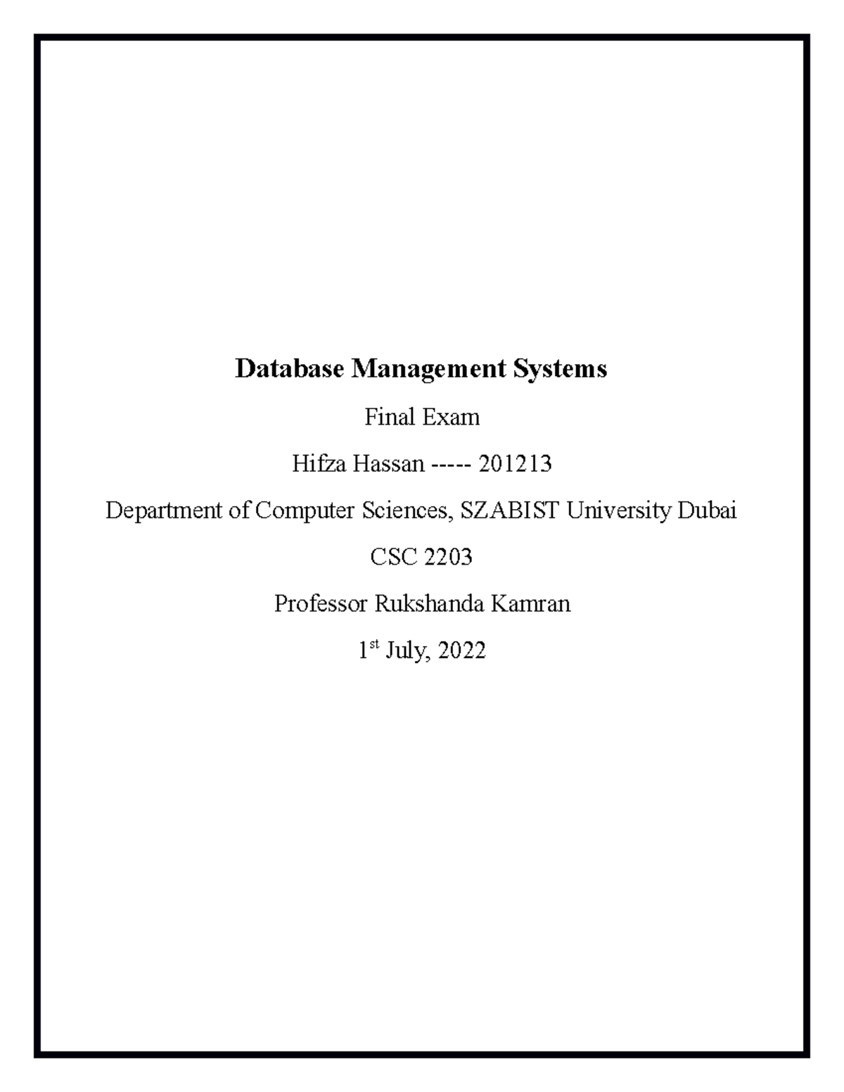 Hifza Hassan 2012 13 Database Management Systems Final Exam - Database ...